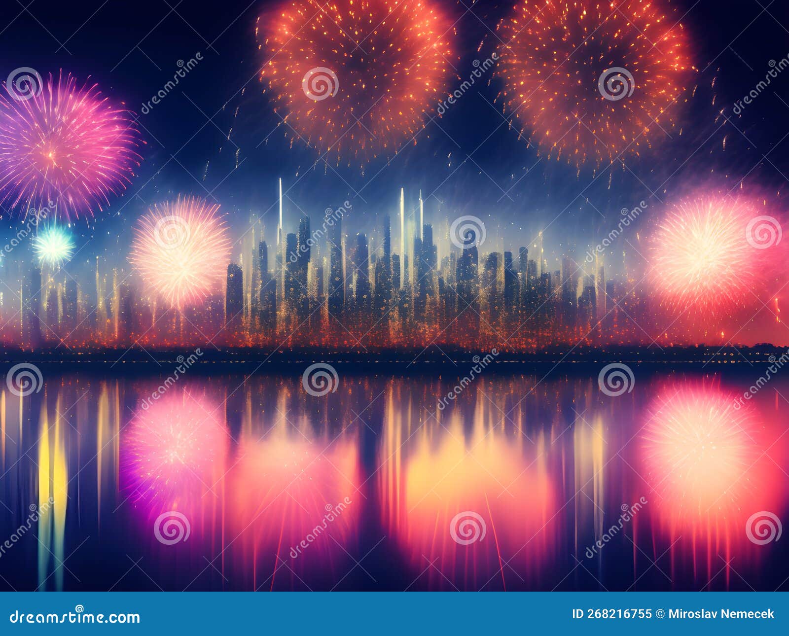 Fireworks Exploding Over City Skyline, Generative AI Illustration Stock ...