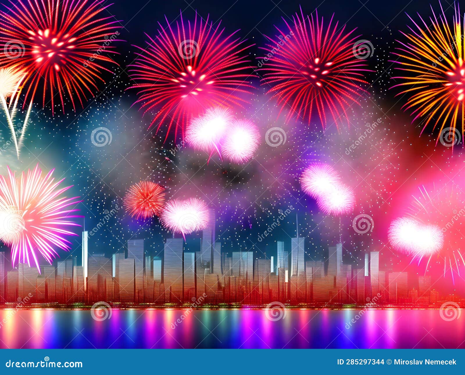 Fireworks Exploding Over City Skyline, Generative AI Illustration Stock ...