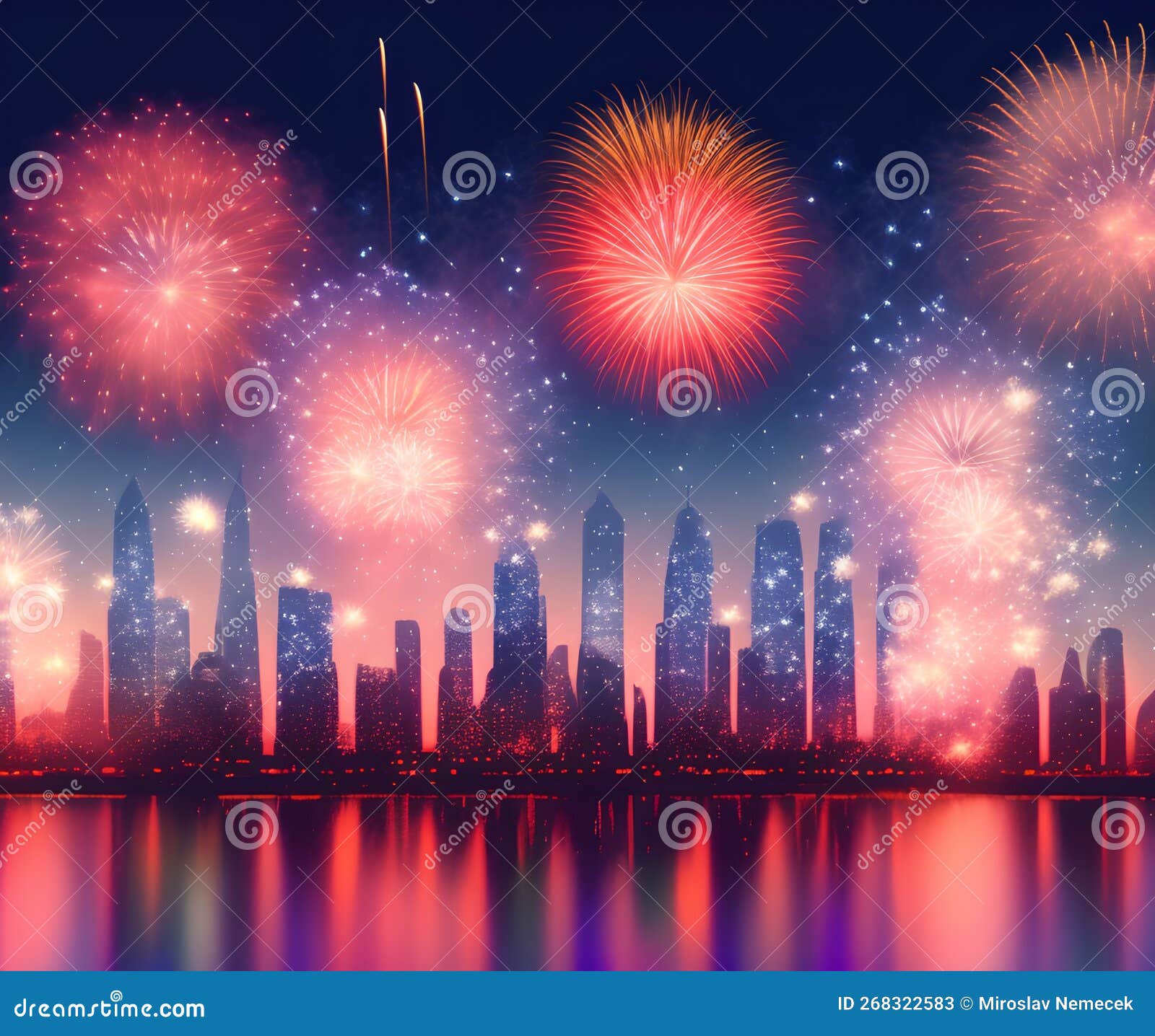 Fireworks Exploding Over City Skyline, Generative AI Illustration Stock ... Fireworks Exploding Over City Skyline, Generative AI Illustration Stock ...