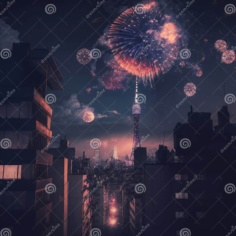 Fireworks Exploding Over Cityscape, Created Using Generative Ai ...