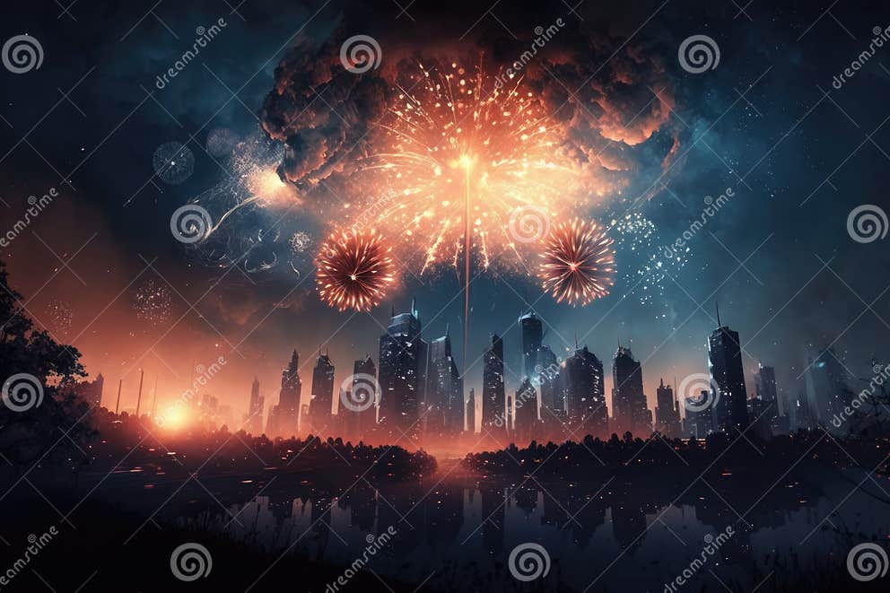 Fireworks Exploding Over Cityscape, Created Using Generative Ai ...