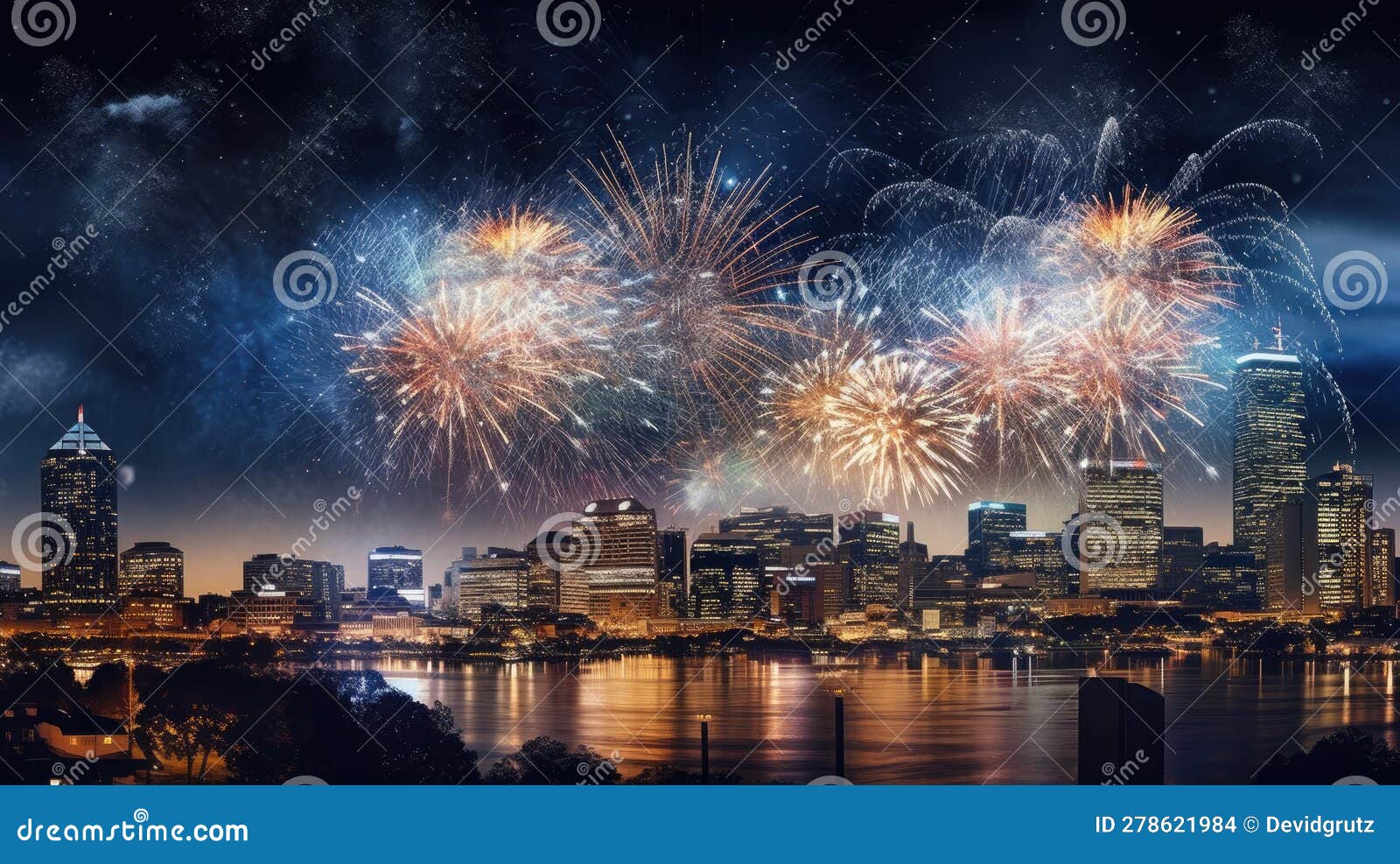 Fireworks Exploding Over Downtown Cityscape. Generative AI Stock ... Fireworks Exploding Over Downtown Cityscape. Generative AI Stock ...