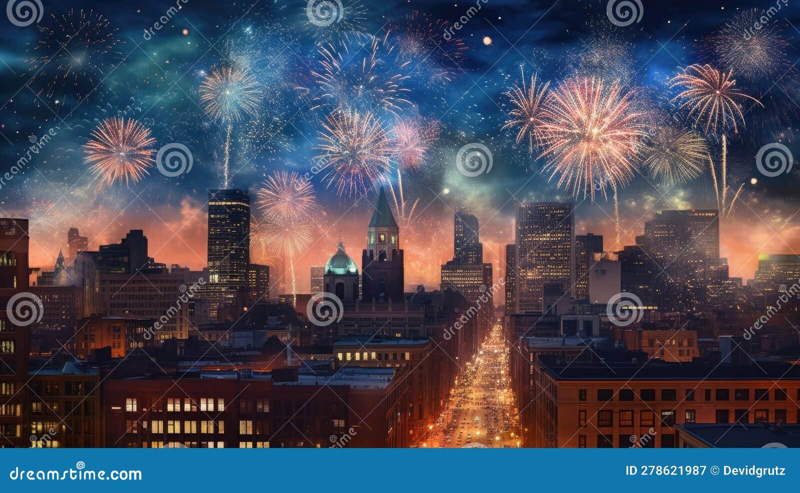 Fireworks Exploding Over Downtown Cityscape. Generative AI Stock ...