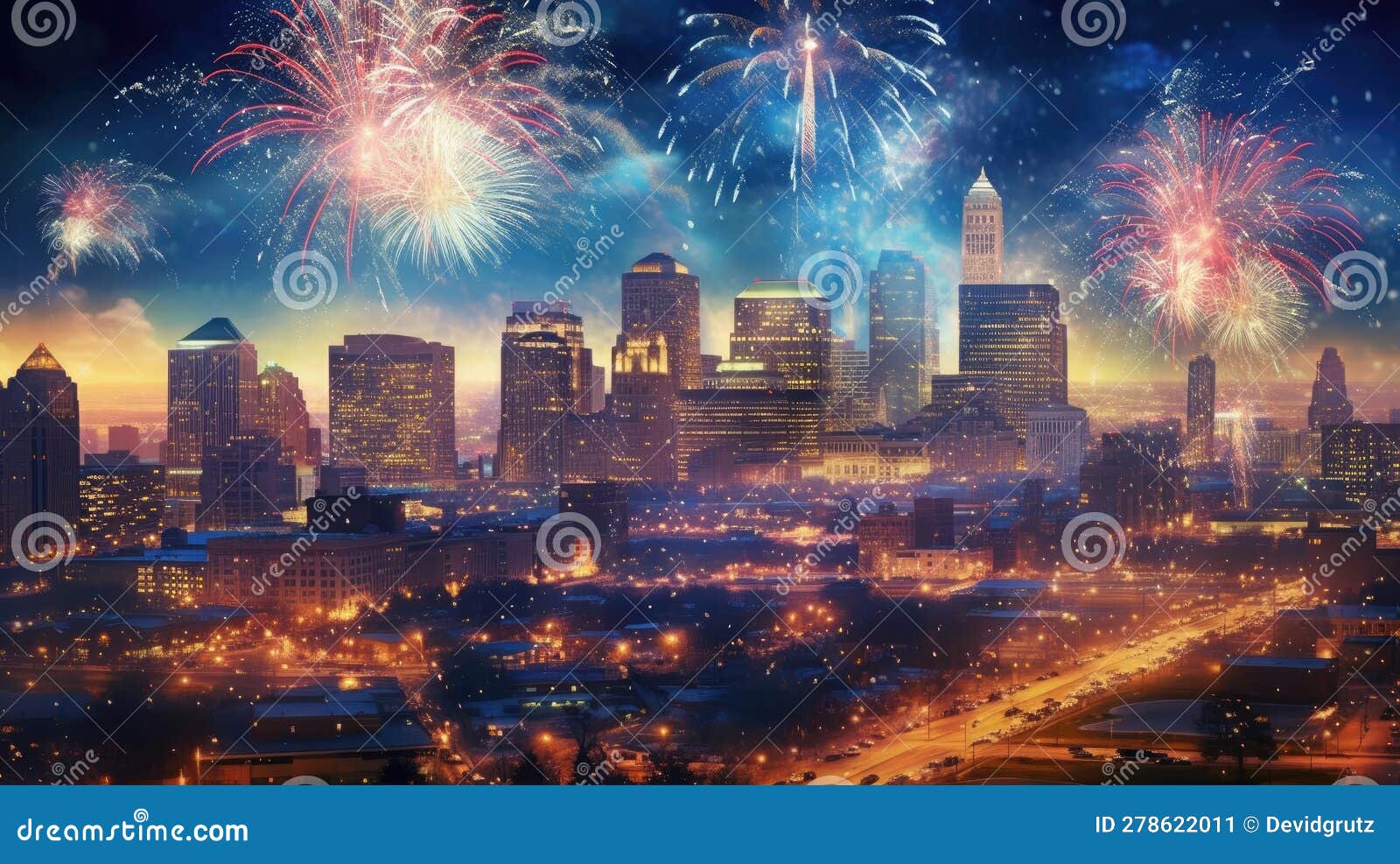 Fireworks Exploding Over Downtown Cityscape. Generative AI Stock ... Fireworks Exploding Over Downtown Cityscape. Generative AI Stock ...