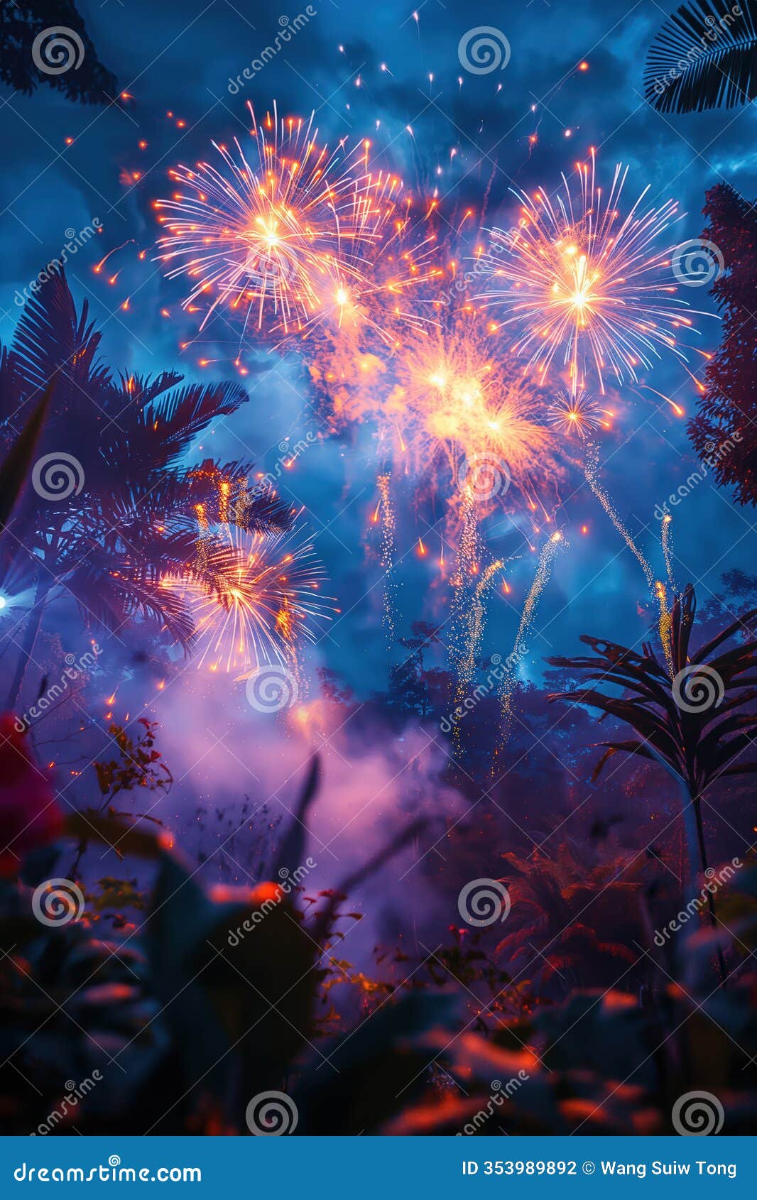 Fireworks Exploding Over Tropical Plants at Night Stock Illustration ...