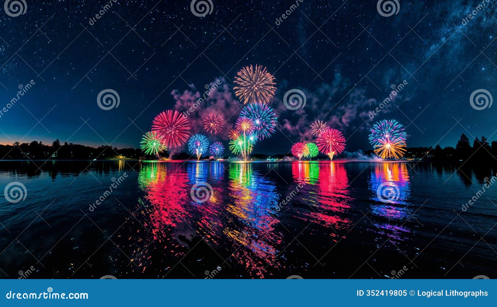 Fireworks Exploding in Red, Blue, and Green, with a Faint Glowing ...