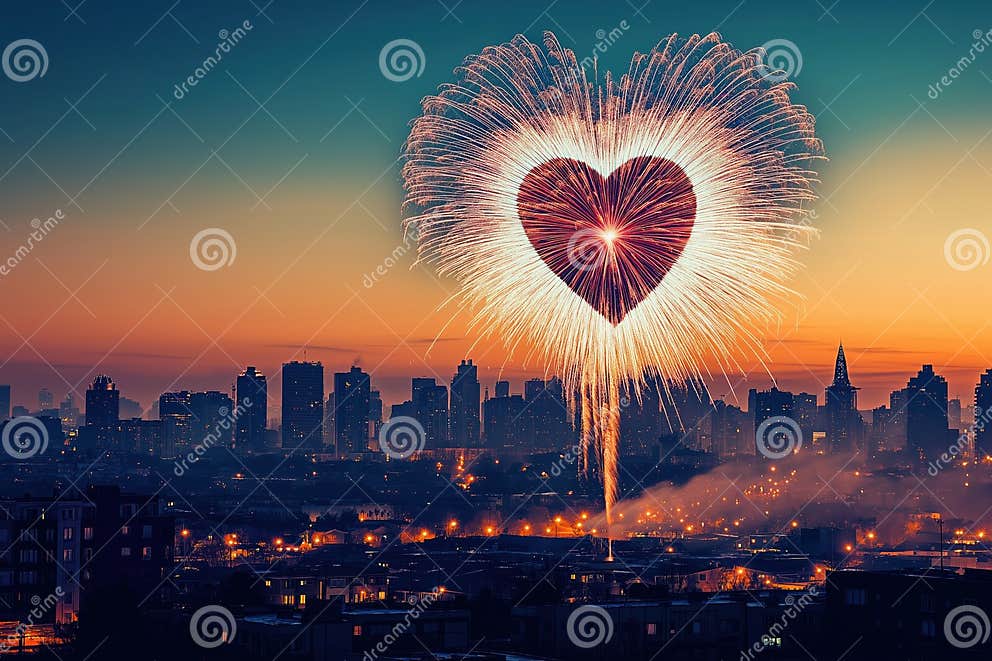 Fireworks Exploding Creating Heart Shape Above City at Night Stock ...