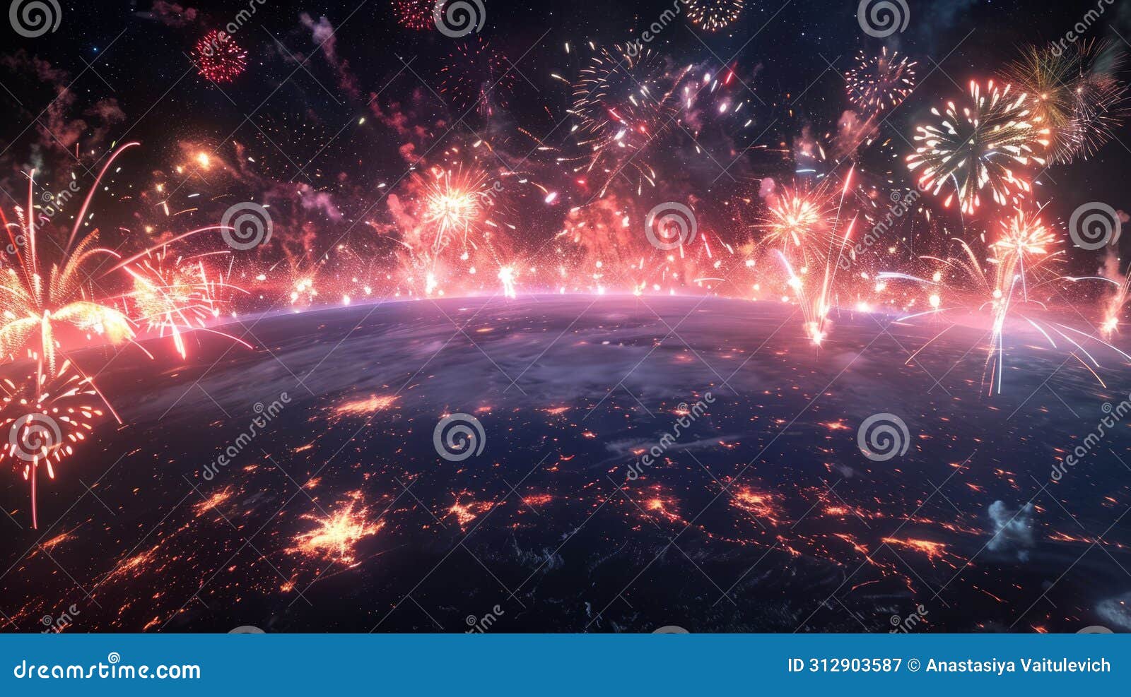 Fireworks Explosion, View from the Space, Banner with Copy Space Stock ...