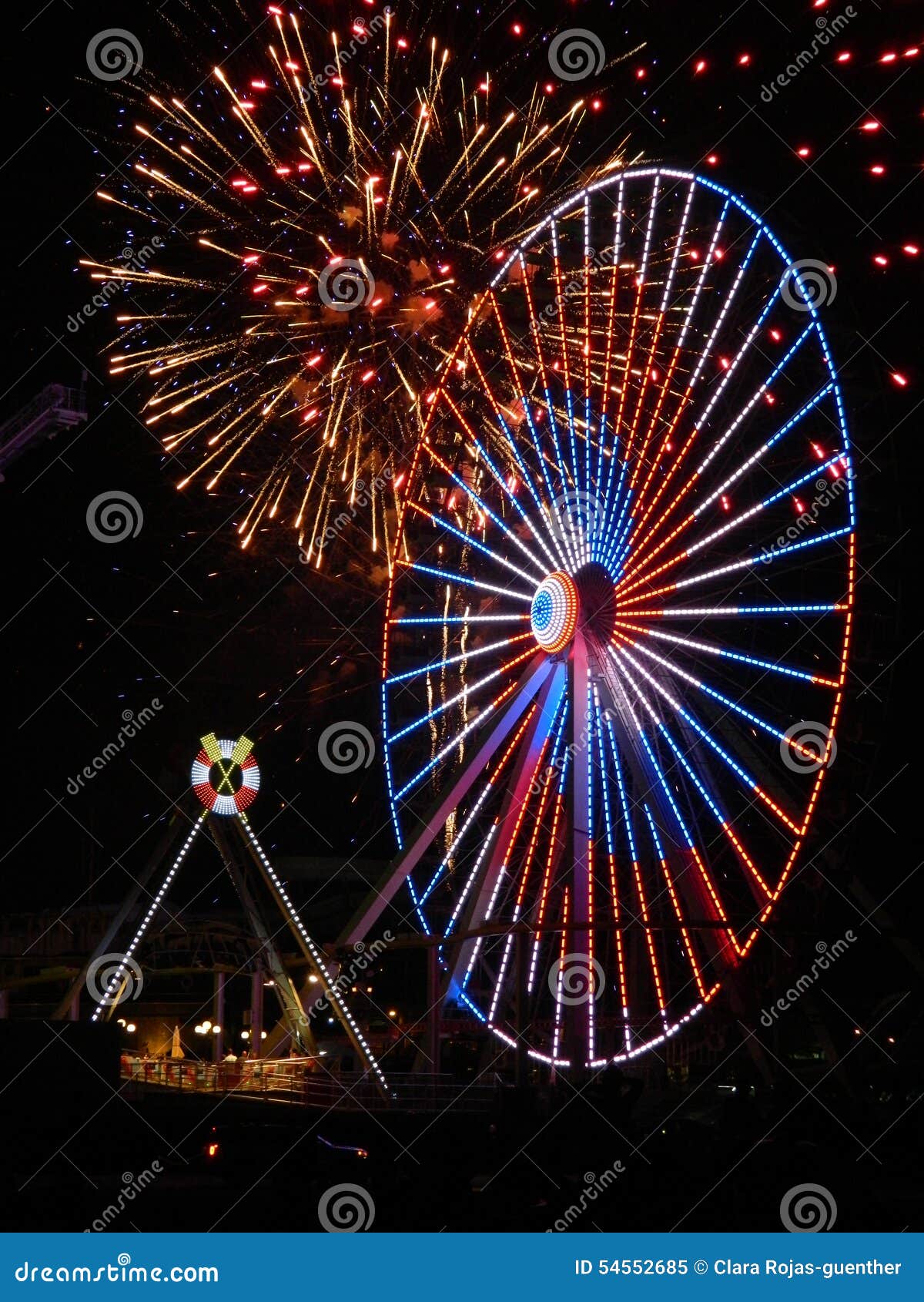 Fireworks and Ferris Wheel stock image. Image of ferris - 54552685