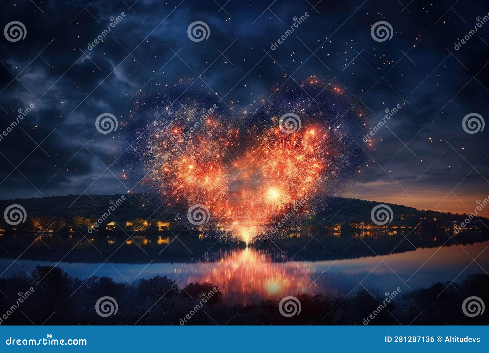 Fireworks Forming a Heart Shape in Night Sky Stock Illustration ...