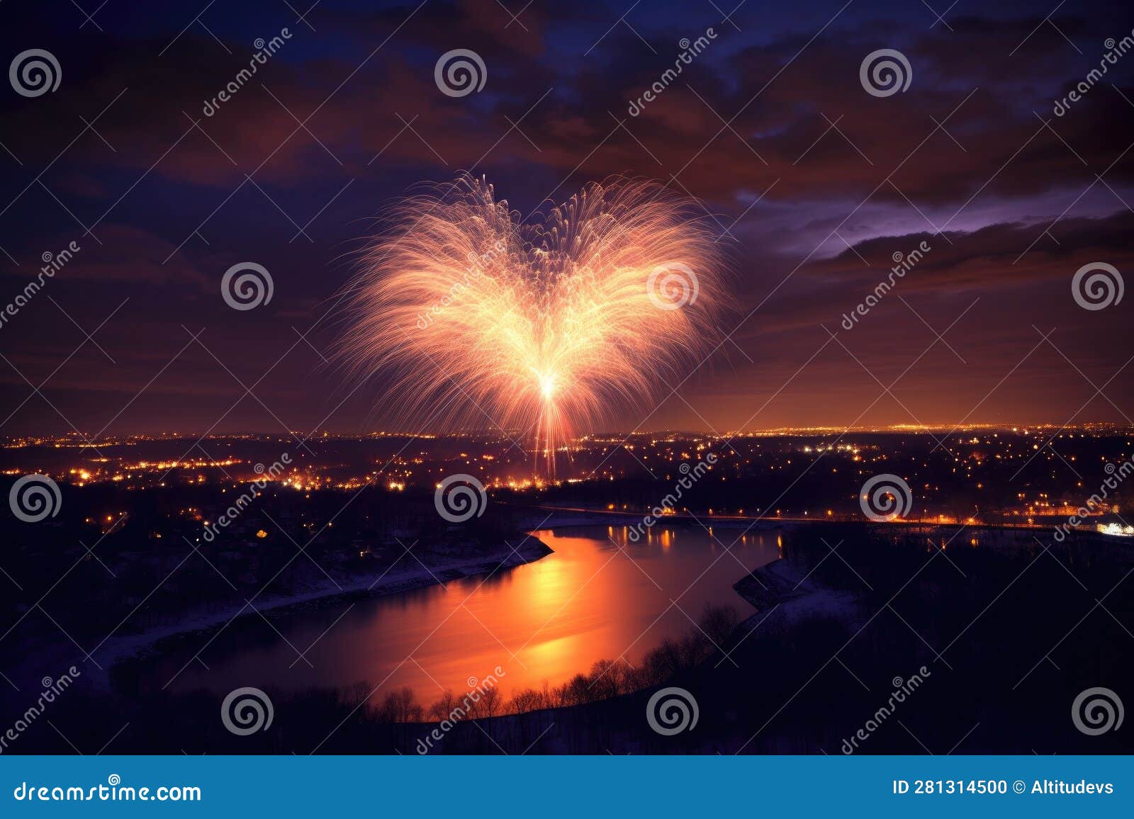 Fireworks Forming Heart Shape in Night Sky Stock Illustration ...