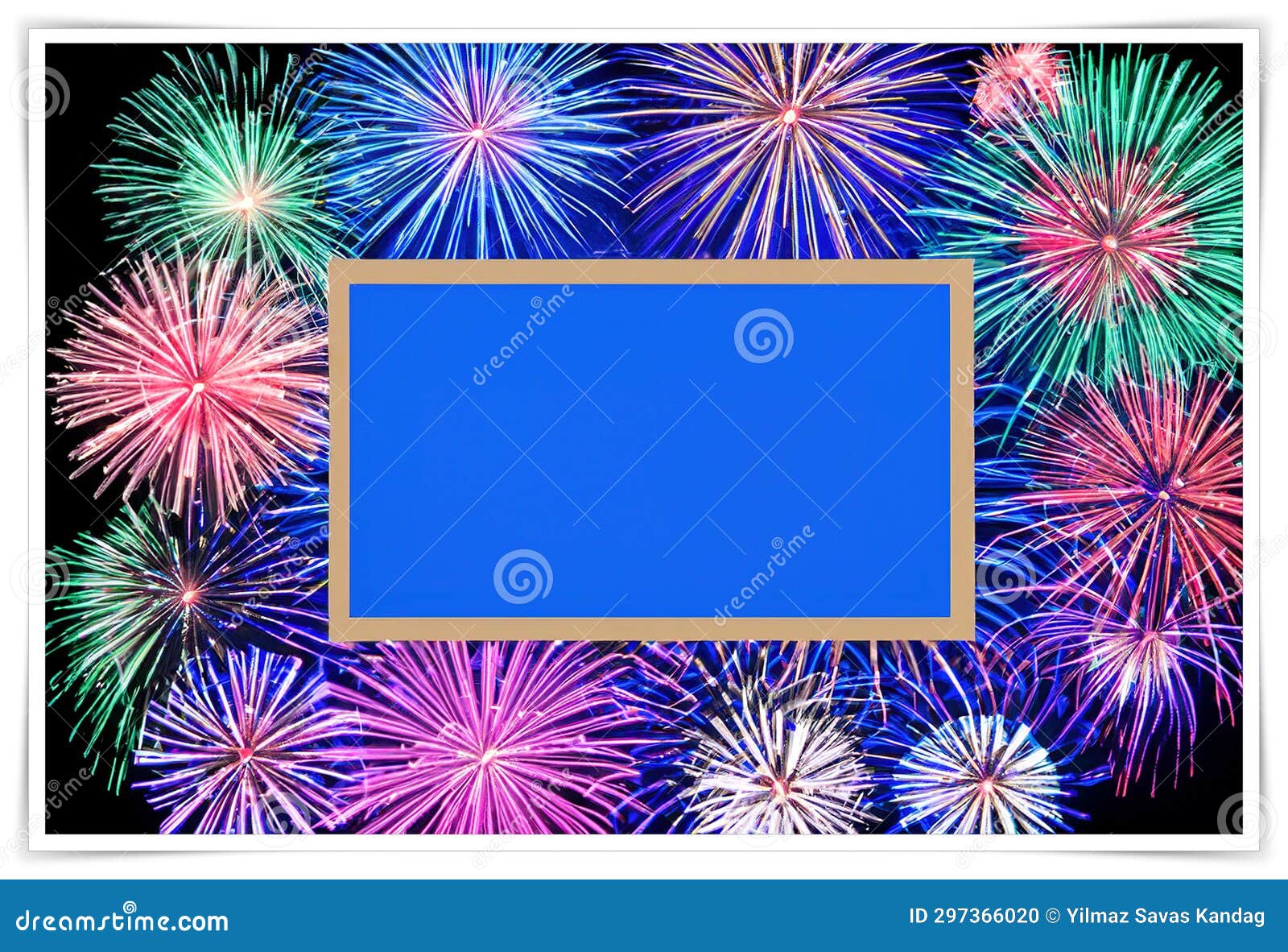 Fireworks Frame with Space for Text on Blue Background. Stock ...