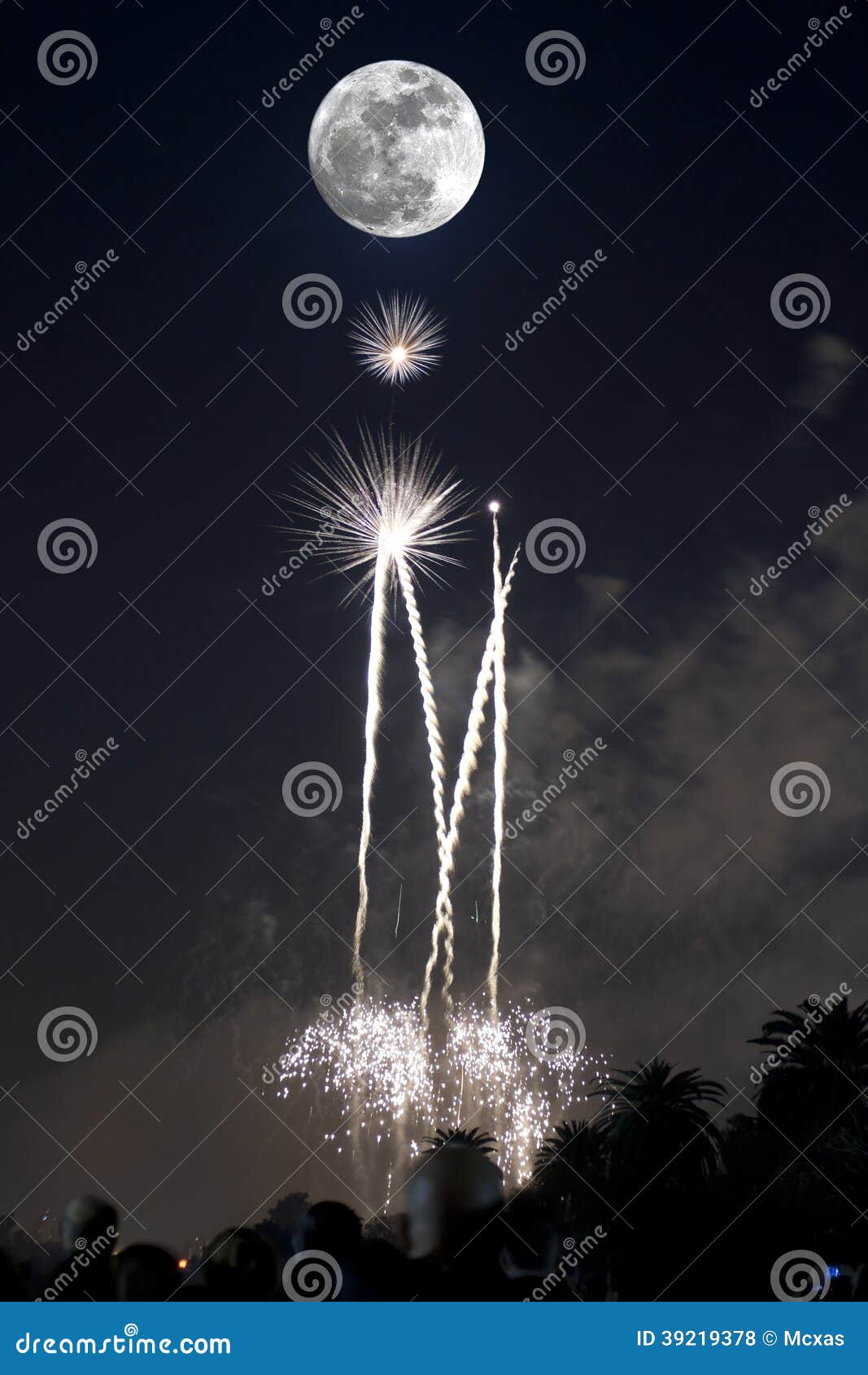 Fireworks and full moon stock photo. Image of night, smoke - 39219378