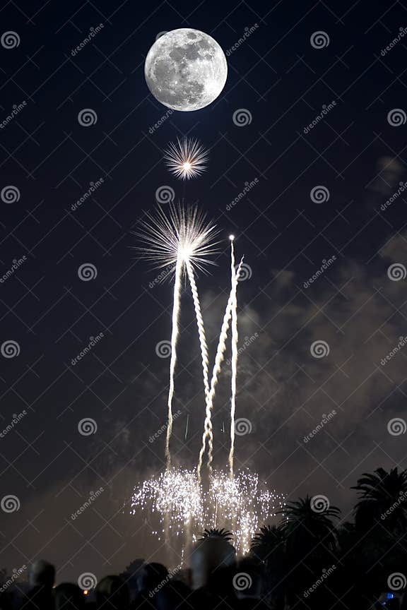 Fireworks and full moon stock photo. Image of night, smoke - 39219378