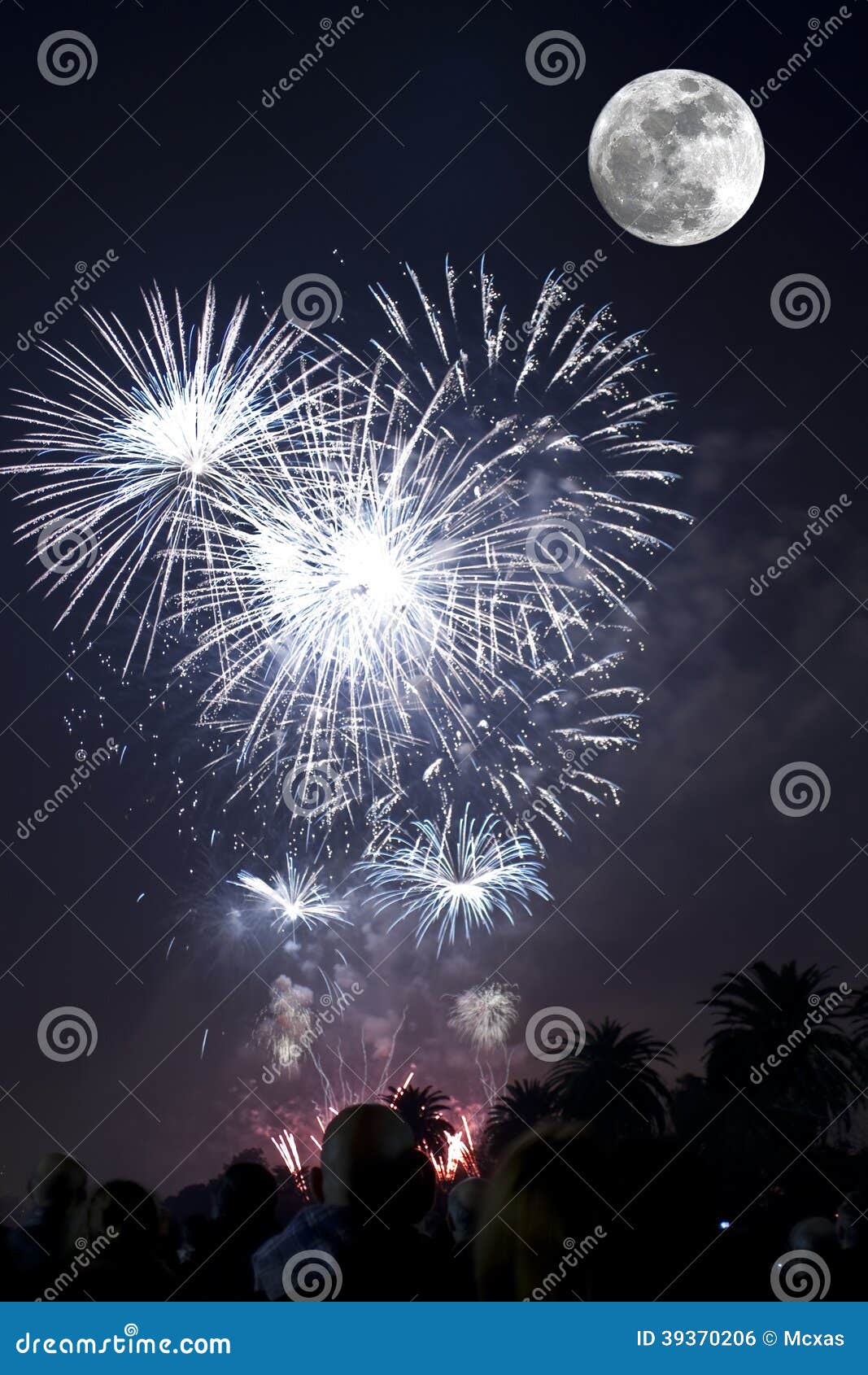 Fireworks and full moon stock photo. Image of celebrate - 39370206