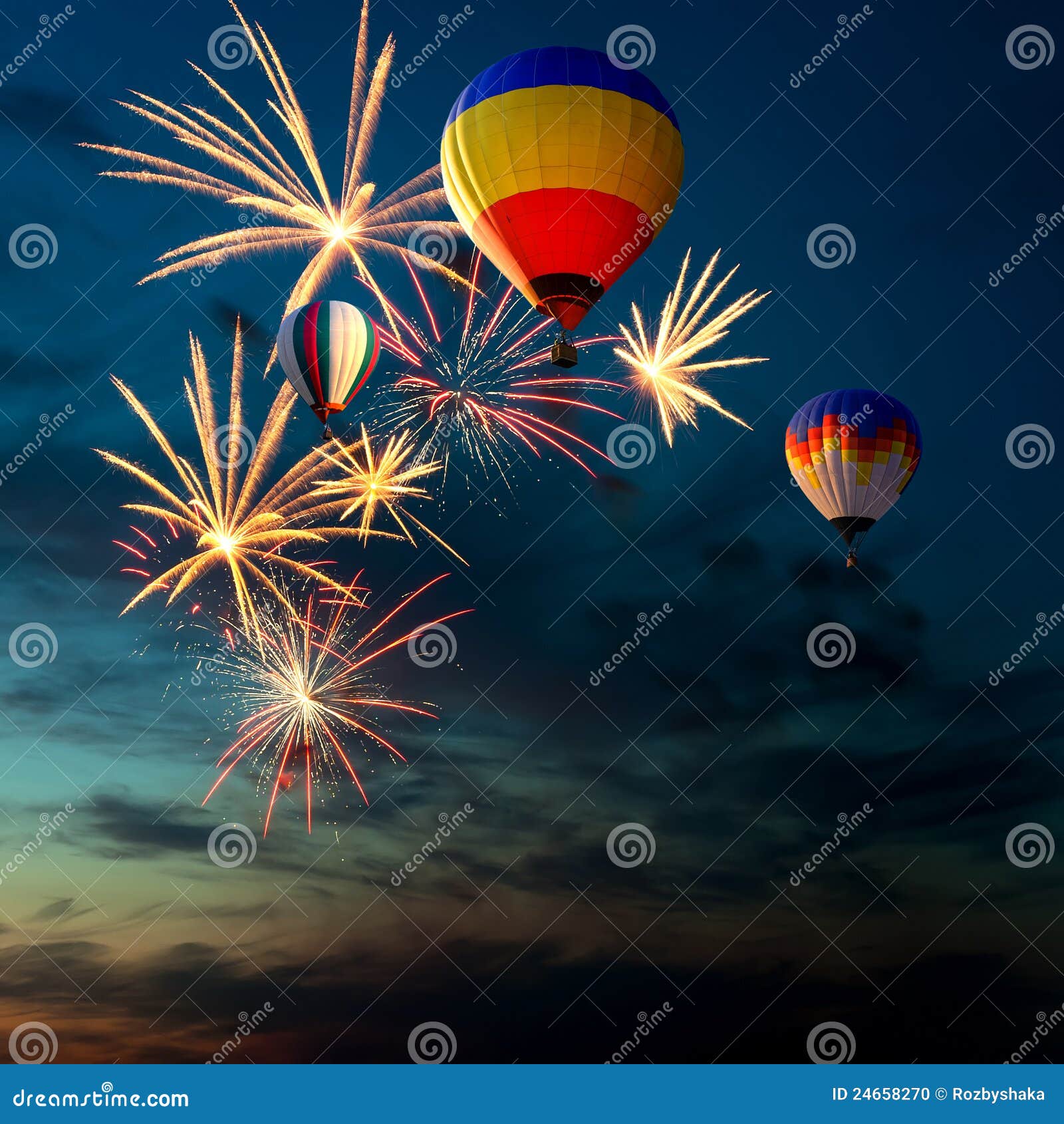 Fireworks and Hot Air-balloon at Sunset Stock Photo - Image of flash ...