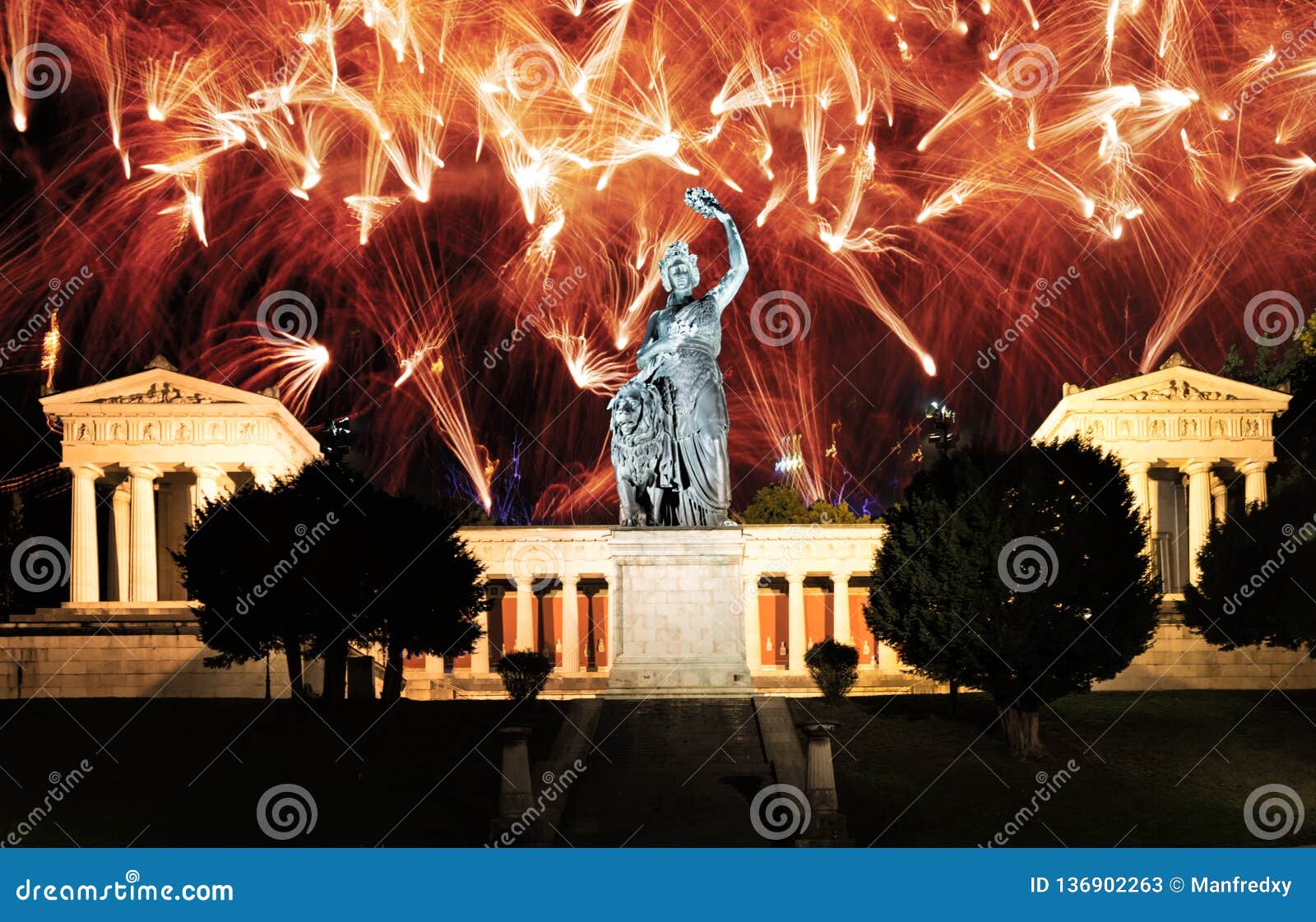 Fireworks At The Illuminated Bavaria Sculpture In Munich Royalty-Free ... Fireworks At The Illuminated Bavaria Sculpture In Munich Royalty-Free ...