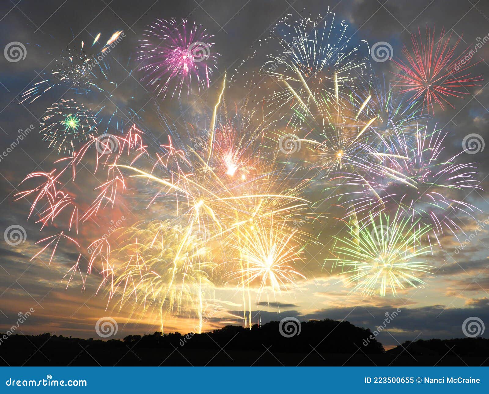 Fireworks Light Up Evening Sunset Sky Stock Image - Image of display ...