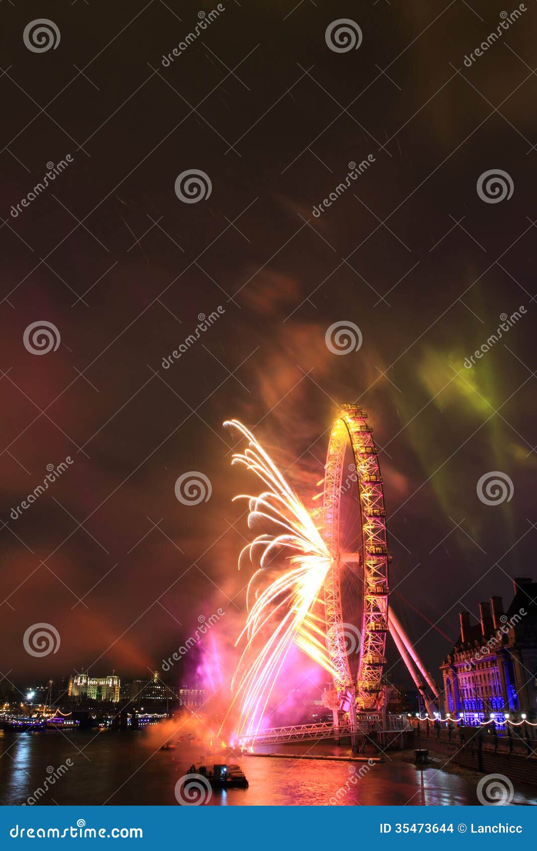 Fireworks at London eye editorial stock image. Image of year - 35473644