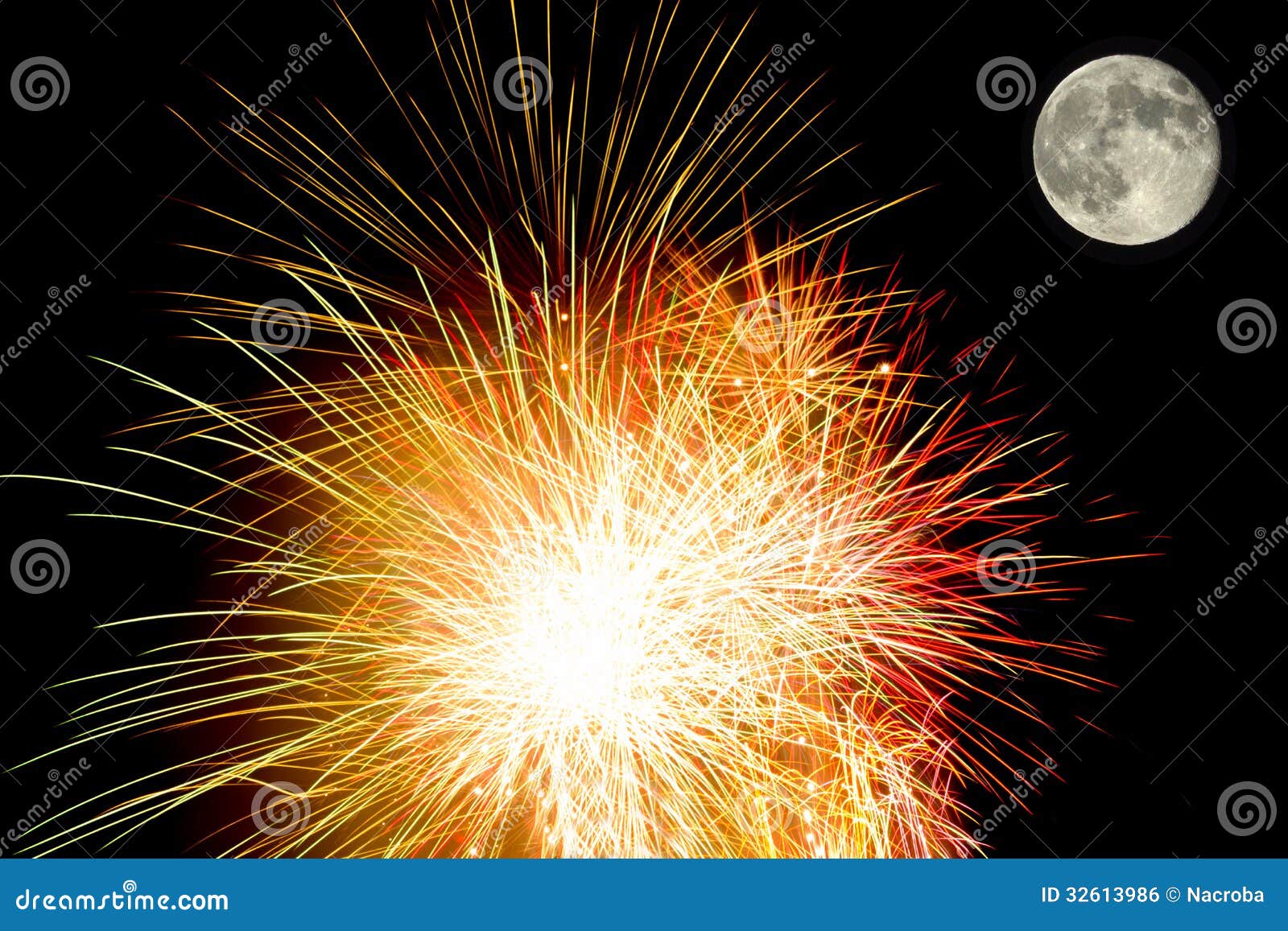 Fireworks and moon stock photo. Image of dark, pyrotechnics - 32613986