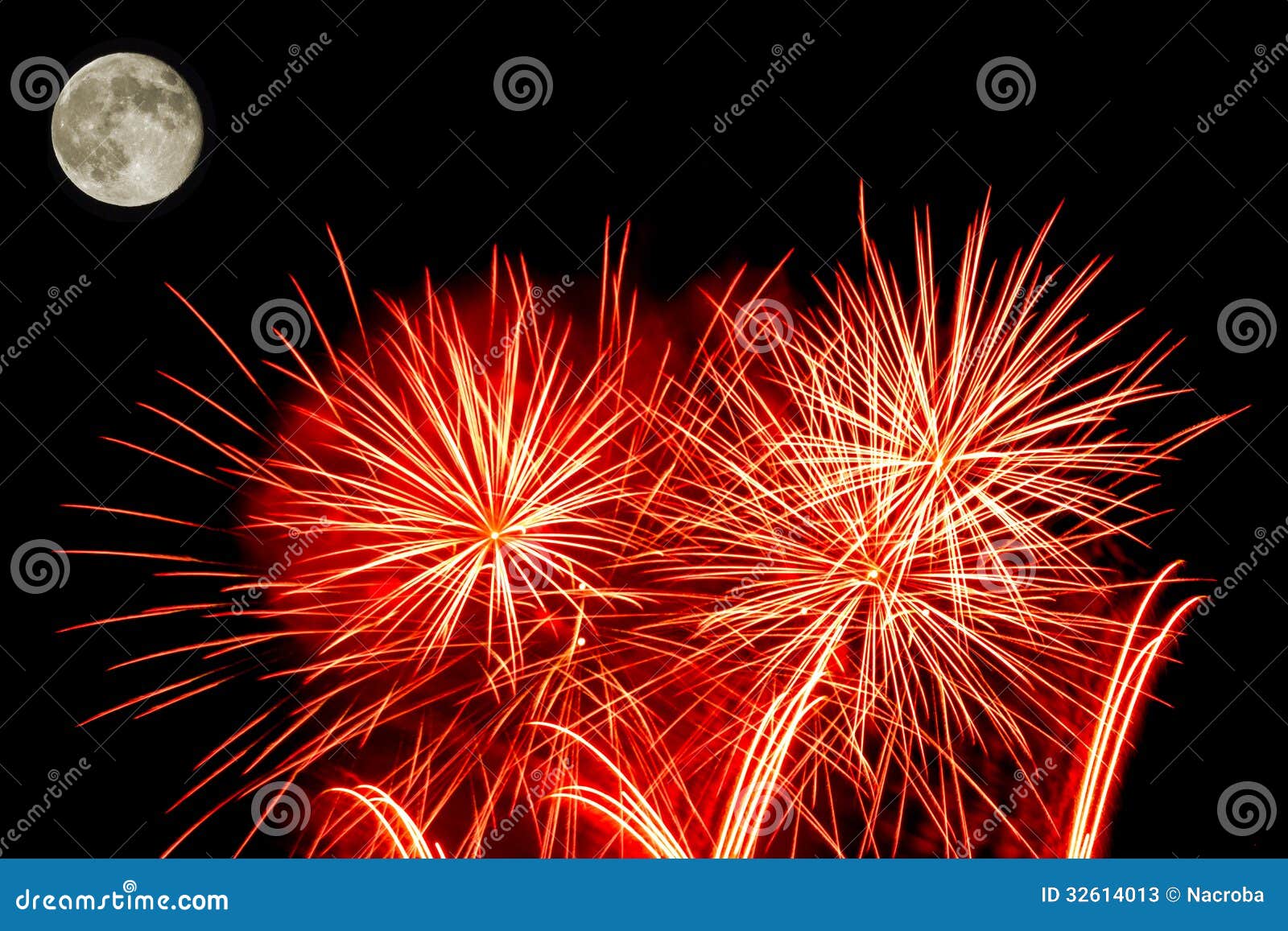 Fireworks and moon stock image. Image of firework, pyrotechnics - 32614013