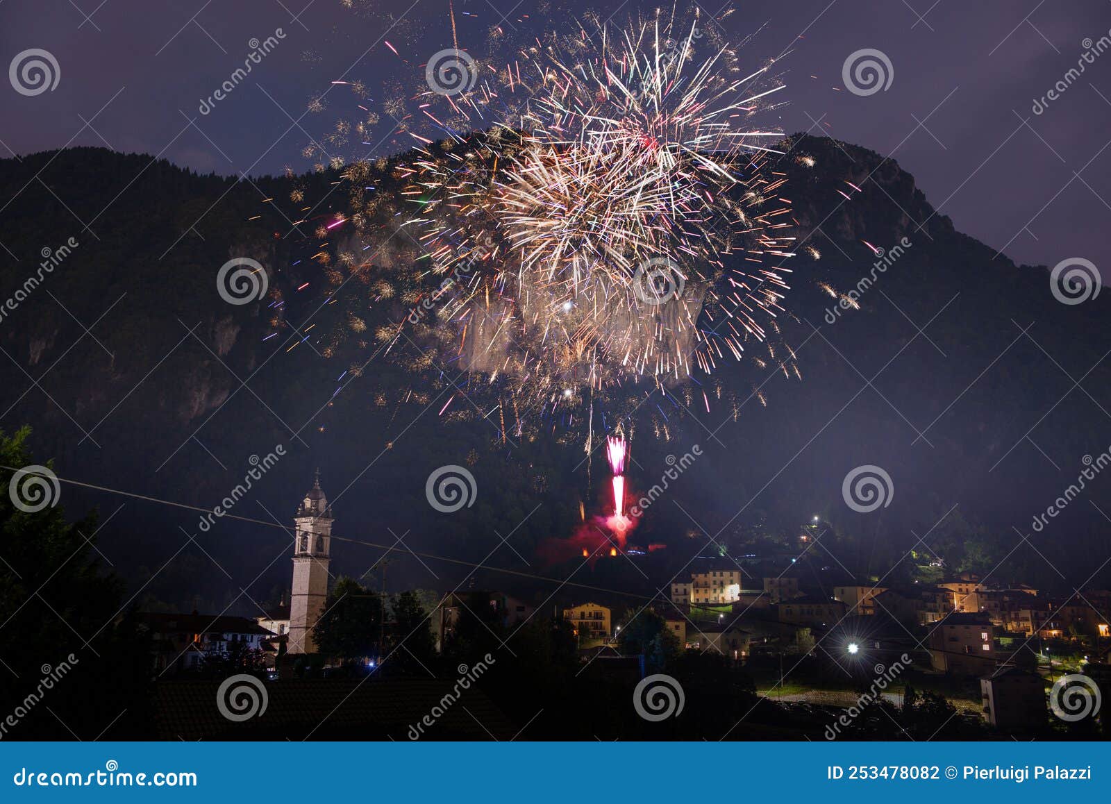 Fireworks in the mountains stock photo. Image of firework - 253478082