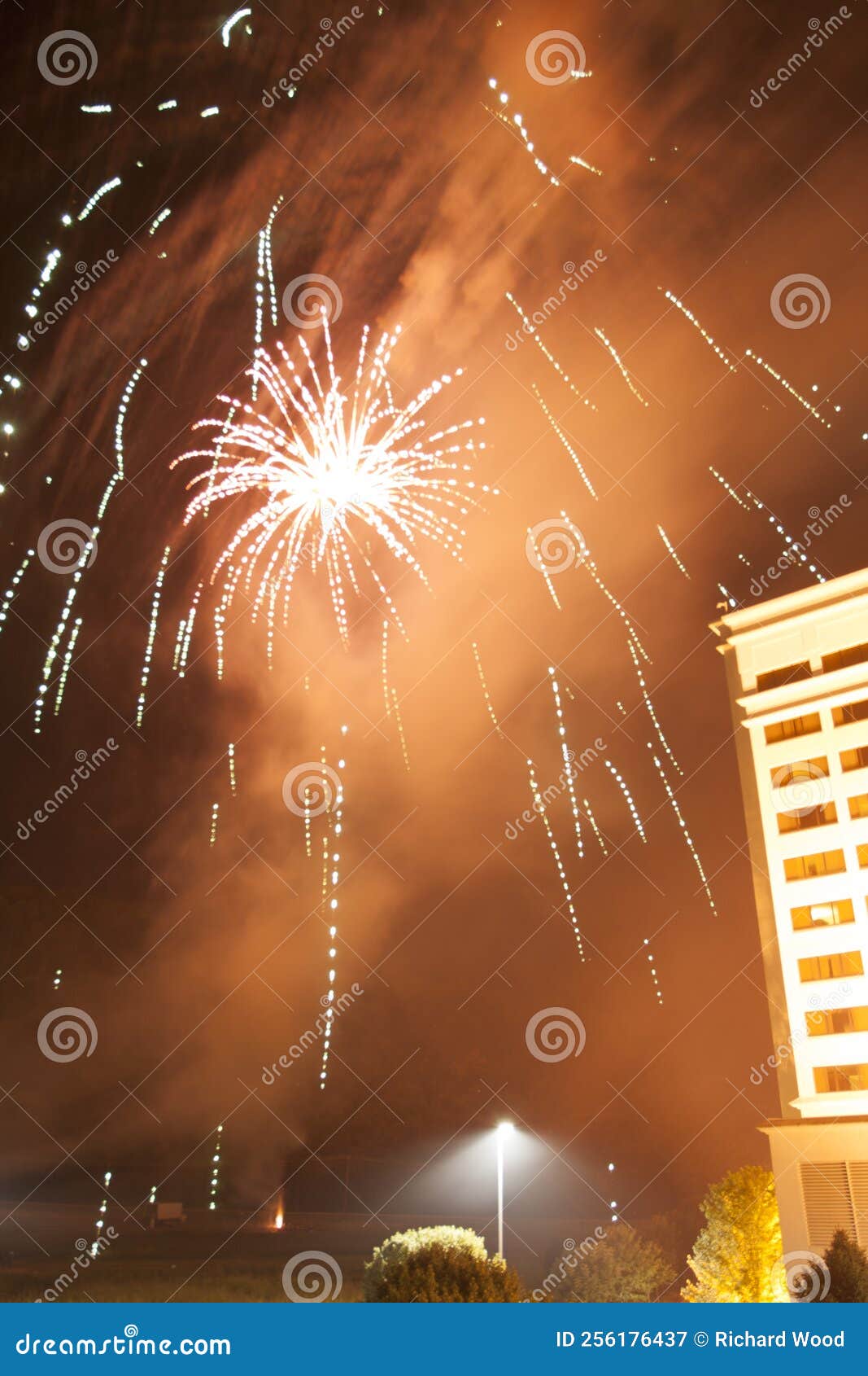 View of Fireworks Next To a Tall Building Stock Image - Image of view ...