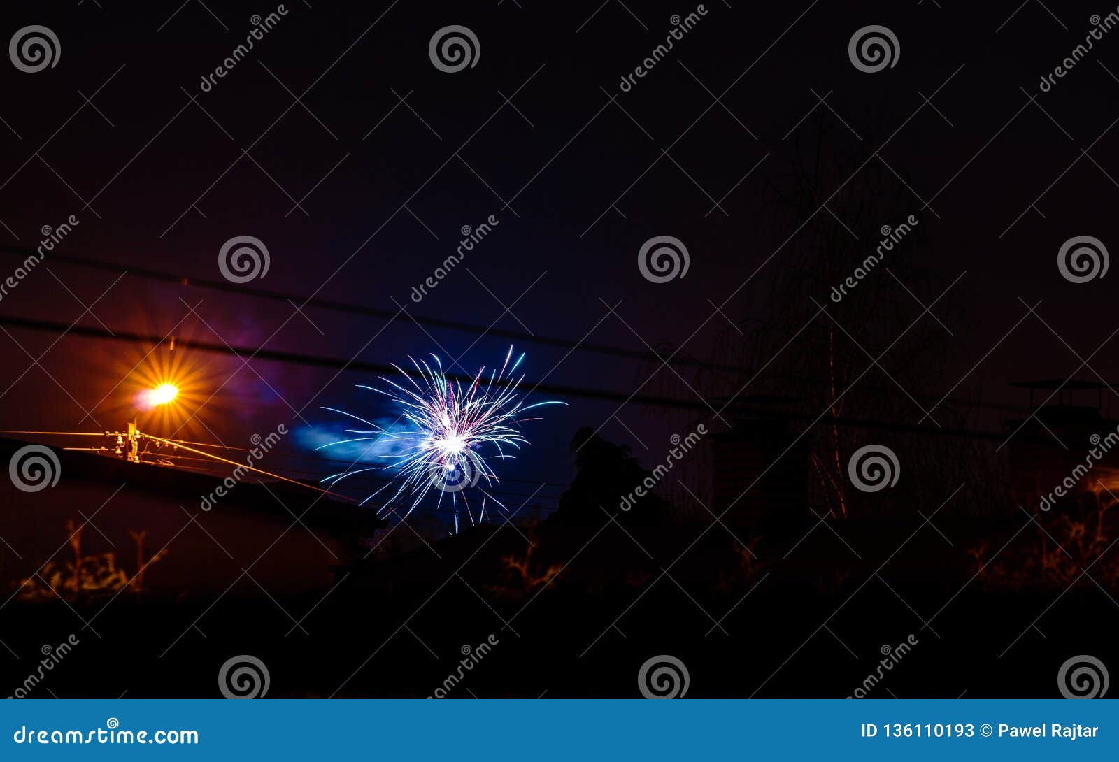 Fireworks on the Night Sky Above the Houses Stock Image - Image of ...