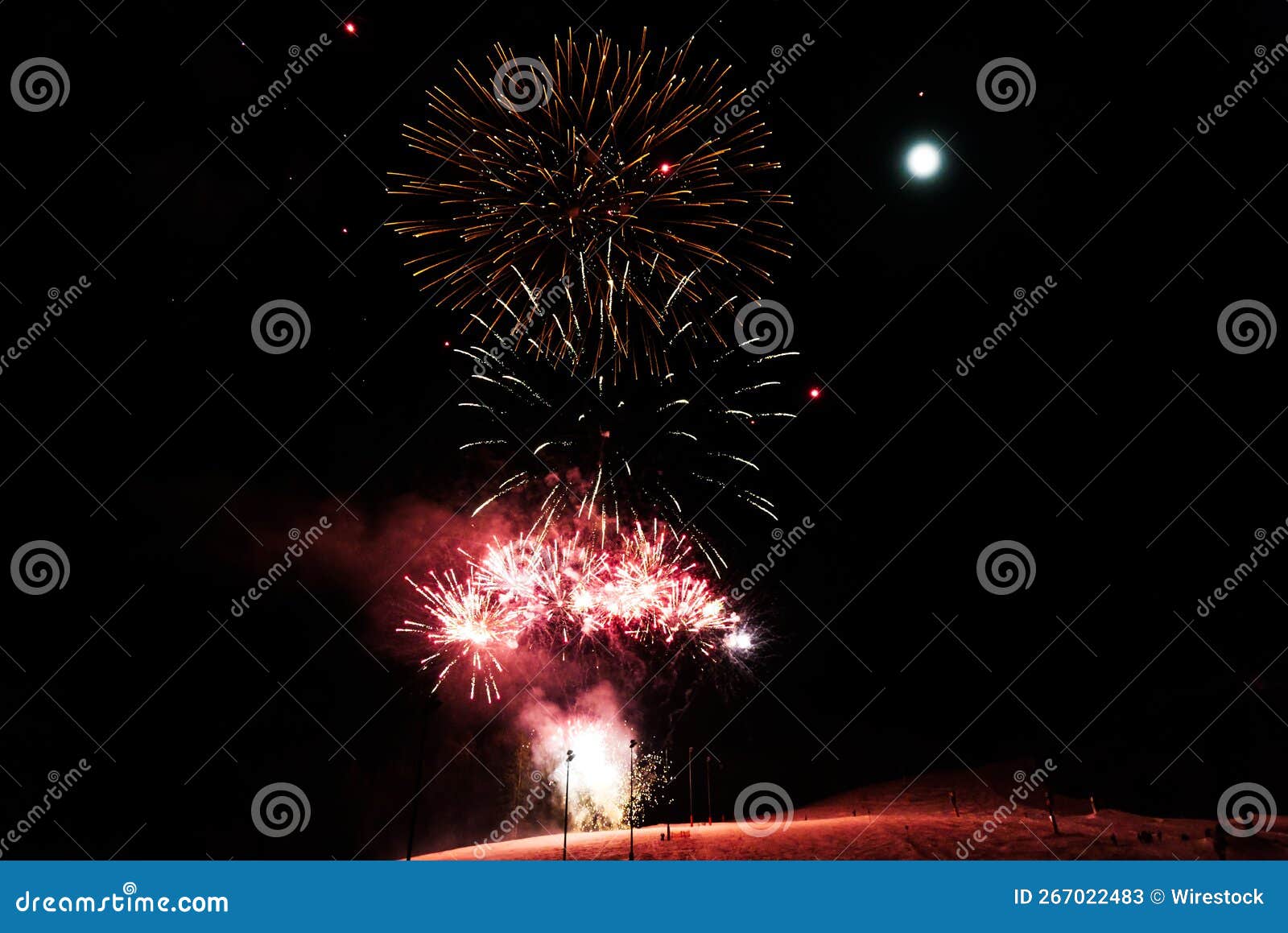 Fireworks in a Night Sky with Moon Stock Image - Image of black ...
