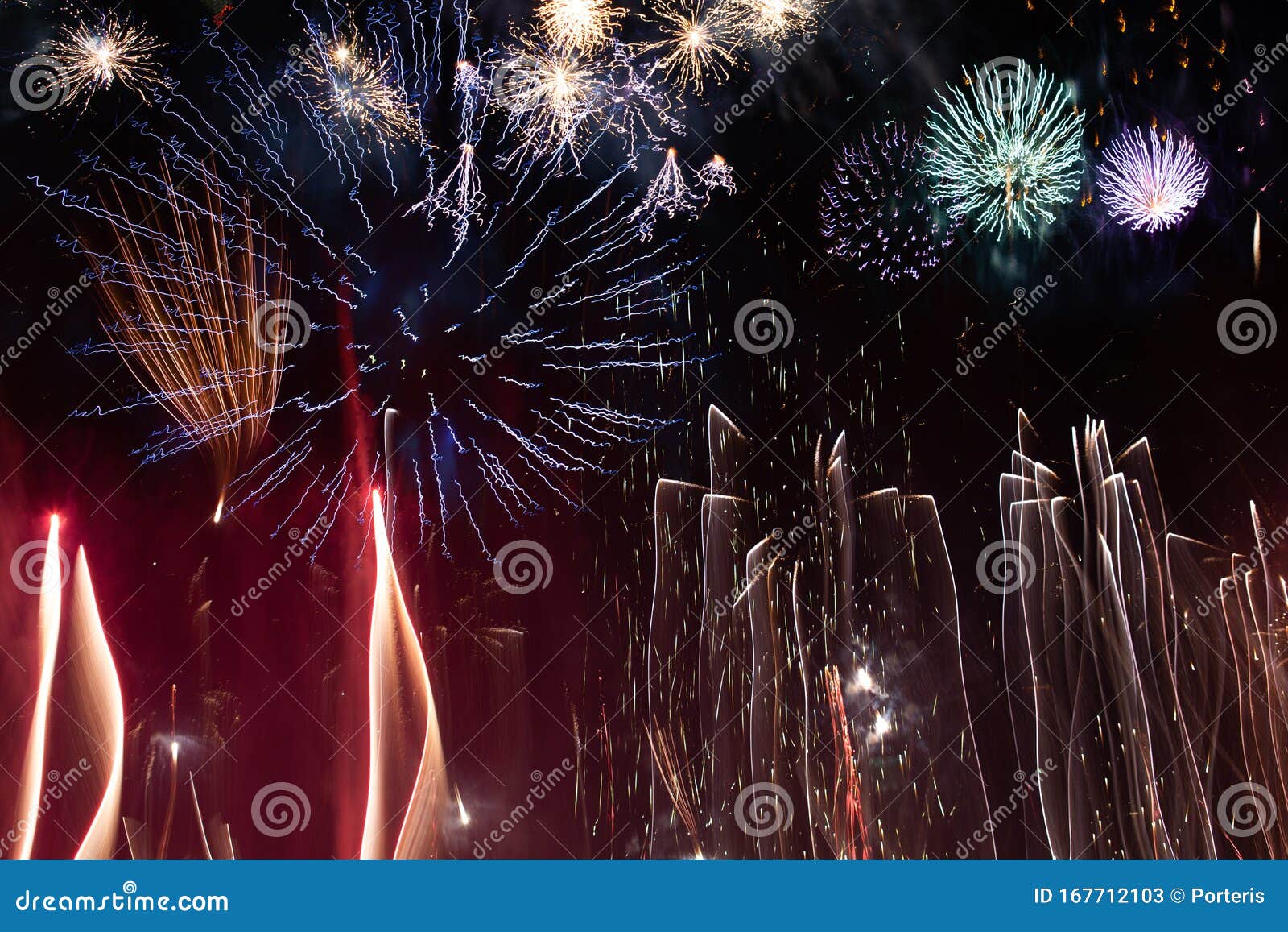 Fireworks in the night sky stock image. Image of beauty - 167712103