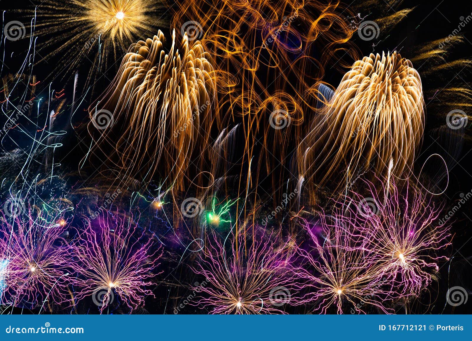 Fireworks in the night sky stock image. Image of fireworks - 167712121