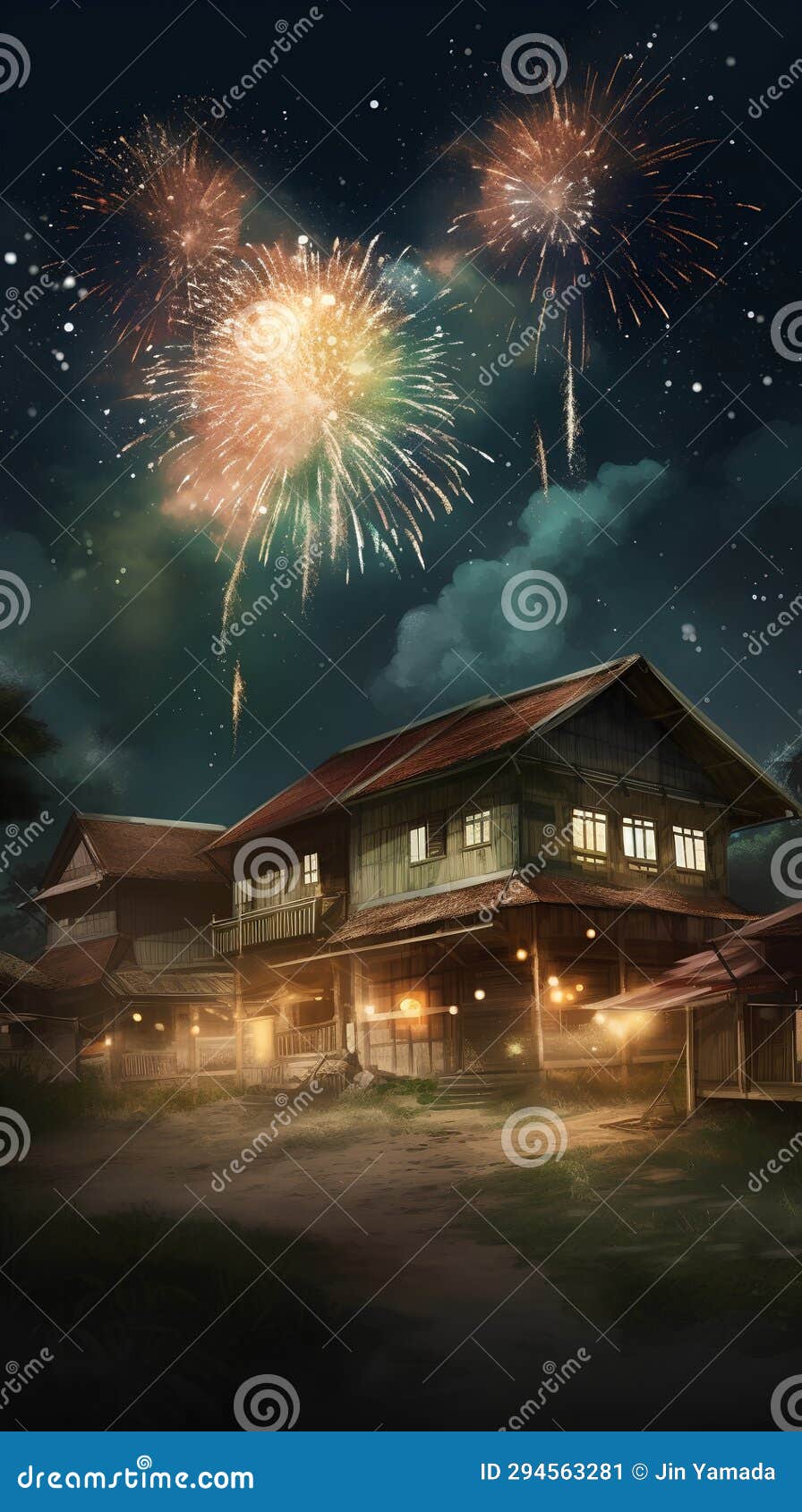 Fireworks in the Night Sky with Wooden House on the Meadow Stock ...