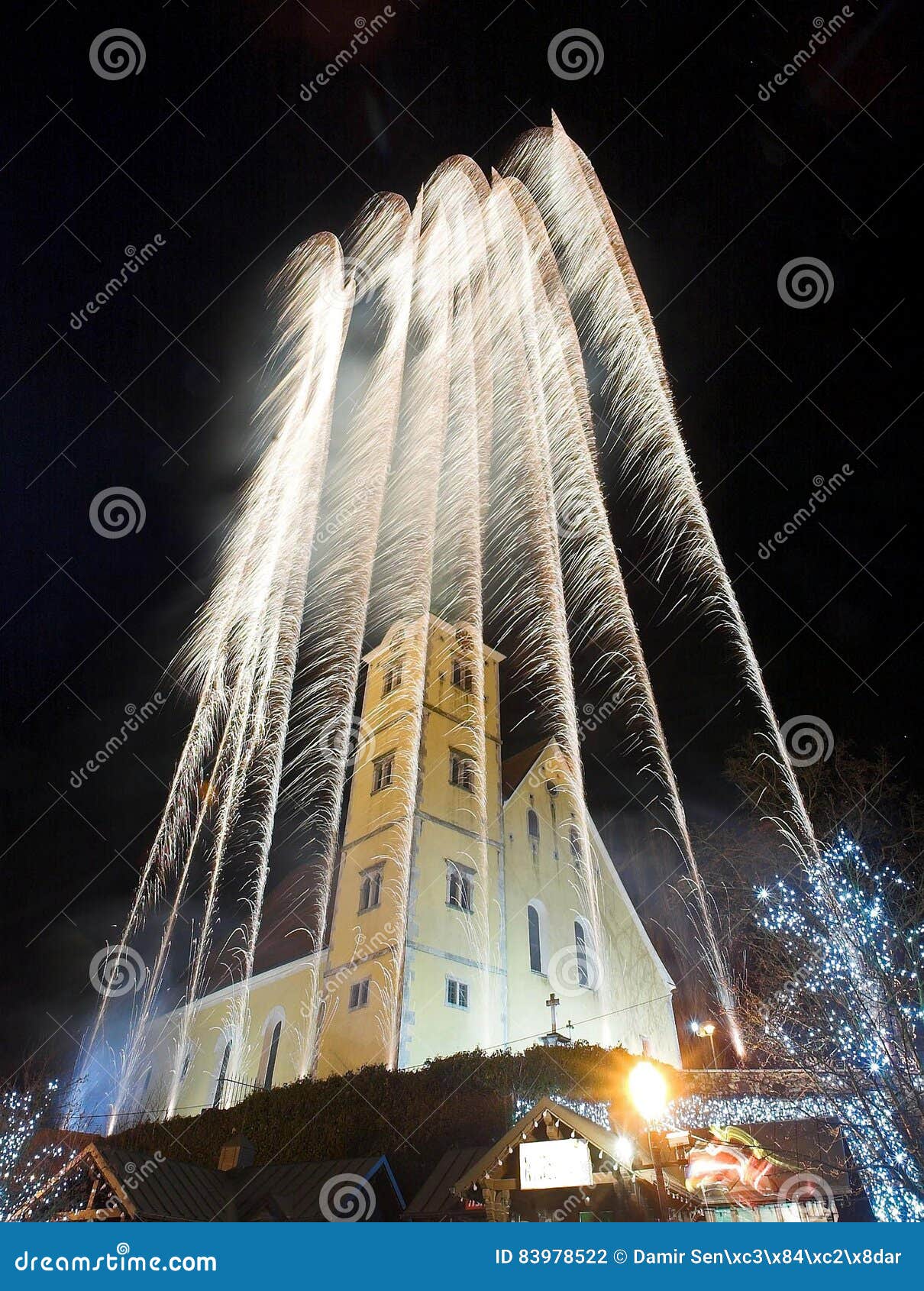Fireworks ove Church stock photo. Image of celebration - 83978522