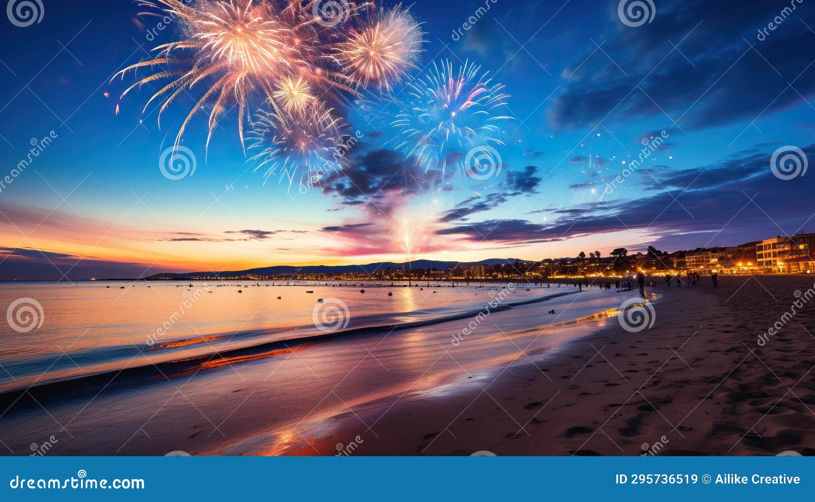 Fireworks Over Beach at Sunset Stock Image - Image of sparkle, firework ...