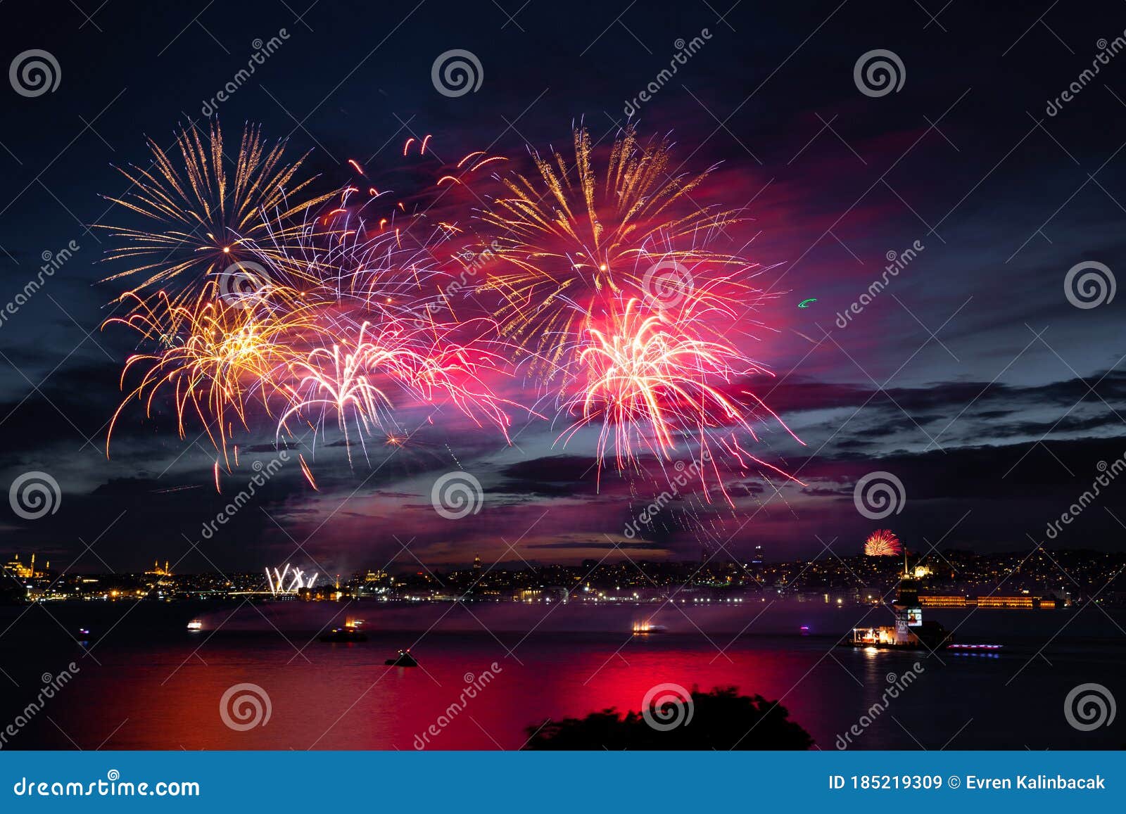 Fireworks Over Bosphorus Strait, Istanbul, Turkey Stock Image - Image ...