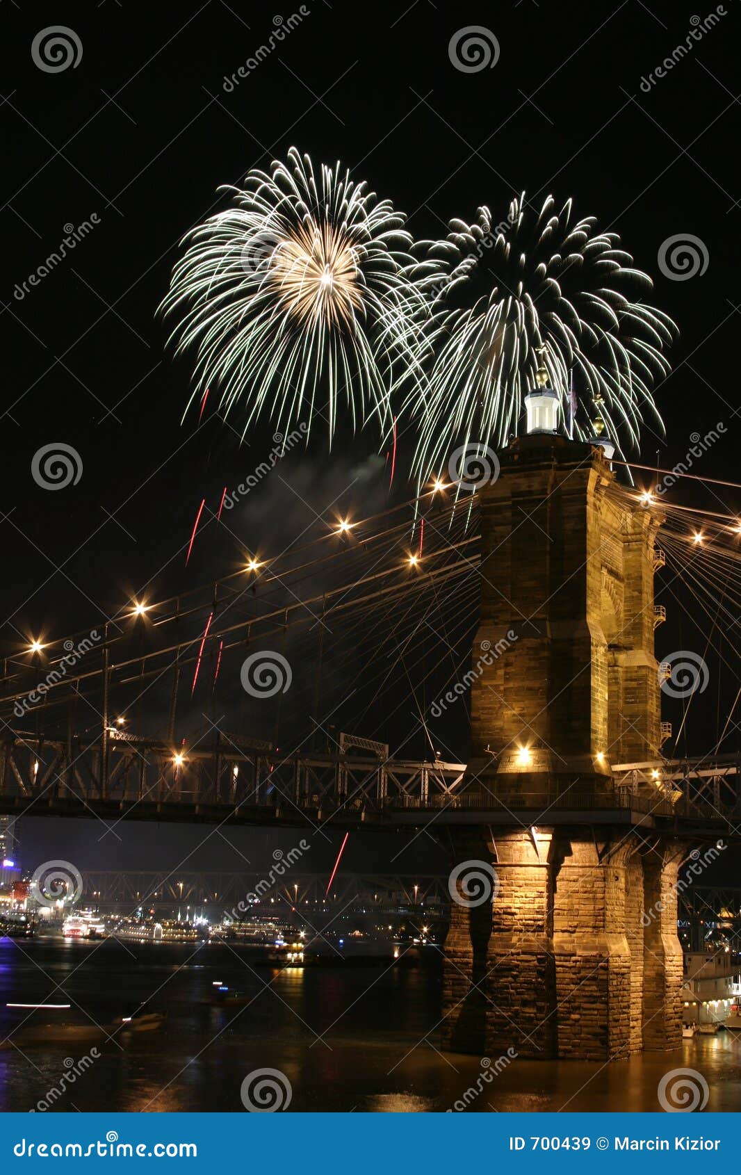 Fireworks over the bridge stock image. Image of cincinnati - 700439