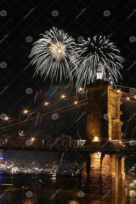 Fireworks over the bridge stock image. Image of cincinnati - 700439