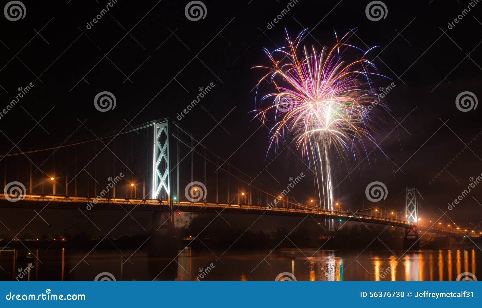 Fireworks over a bridge stock photo. Image of independence - 56376730