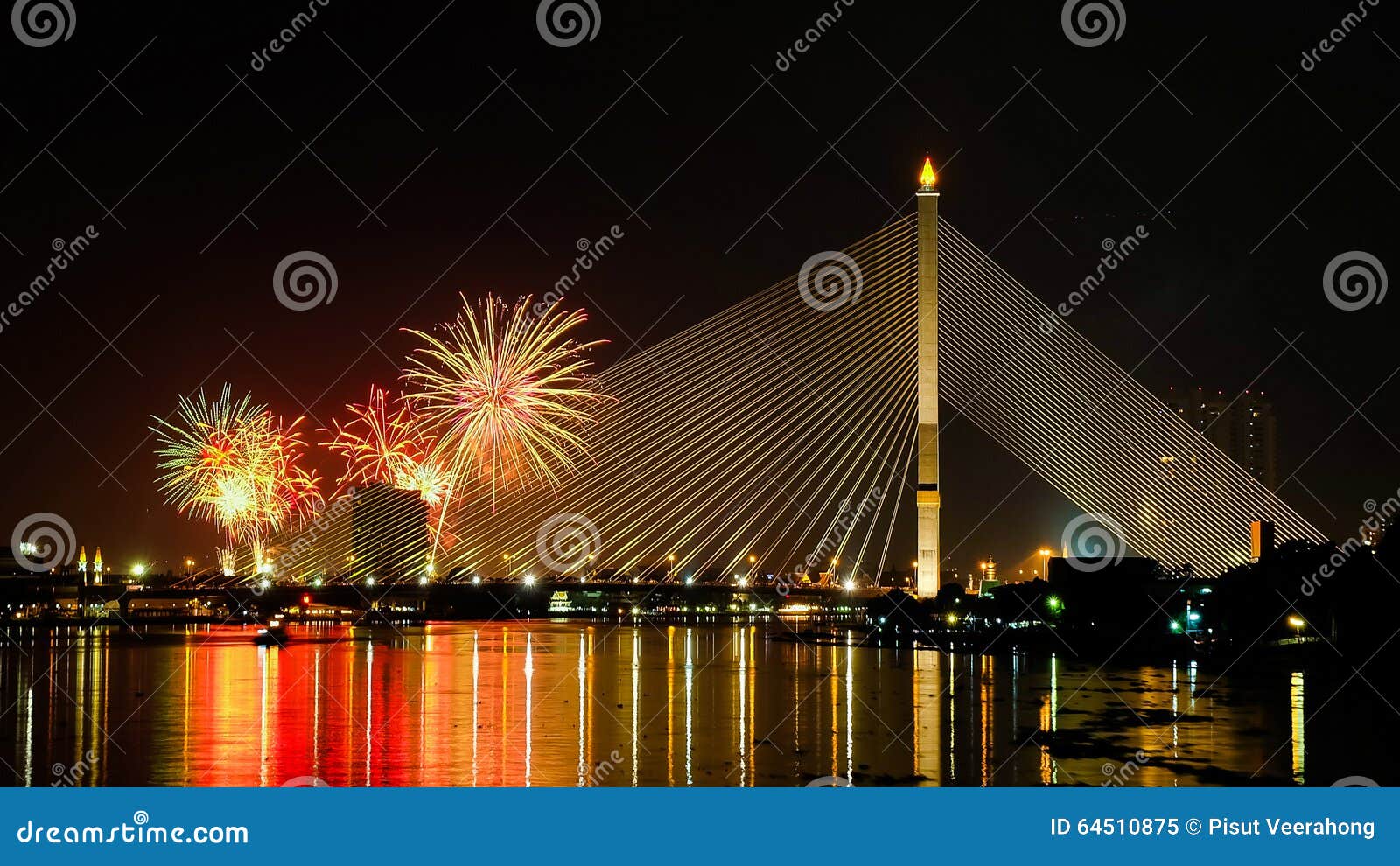Fireworks over the bridge stock image. Image of celebrate - 64510875