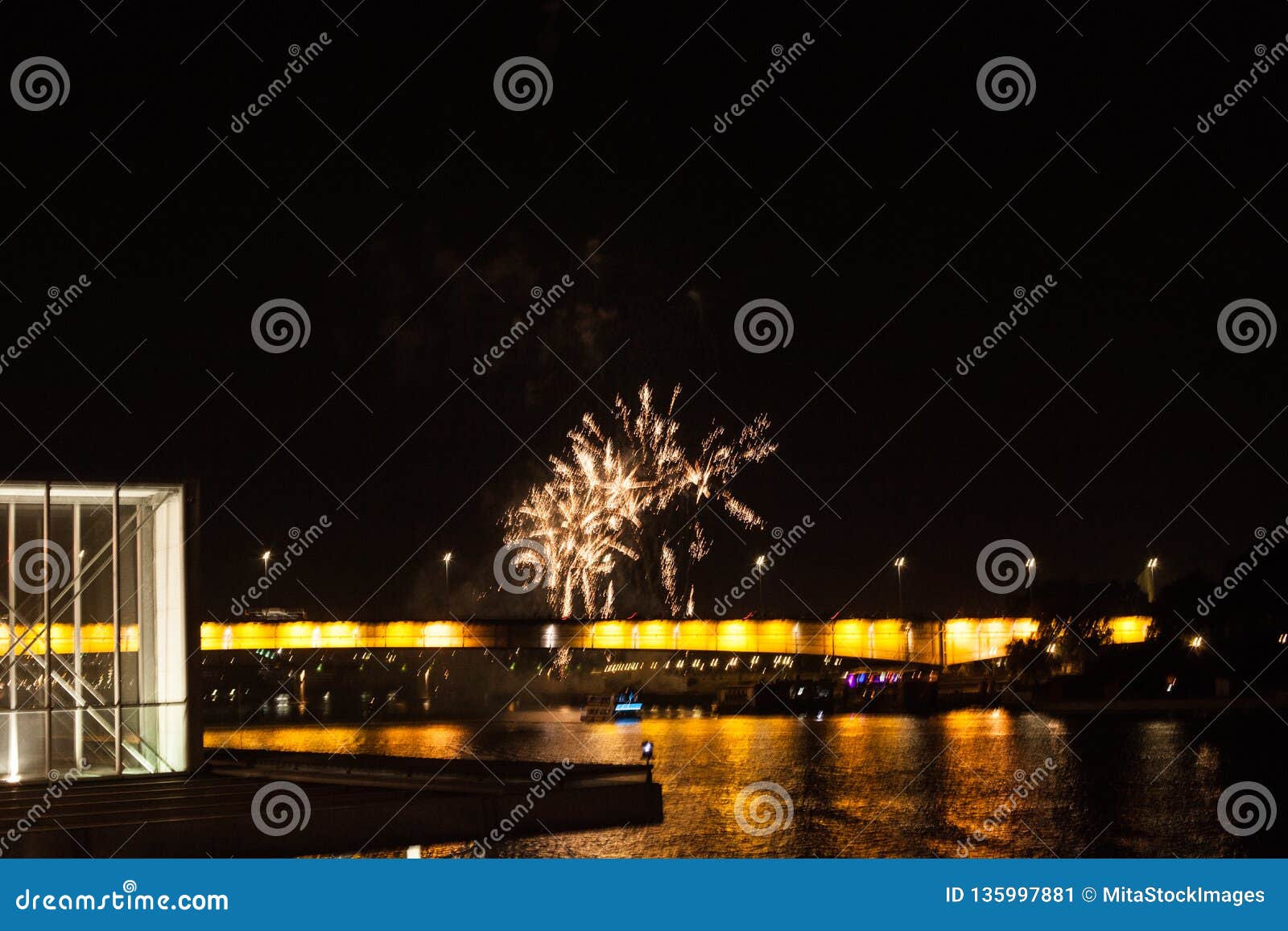 Fireworks over bridge stock image. Image of fire, fireworks - 135997881