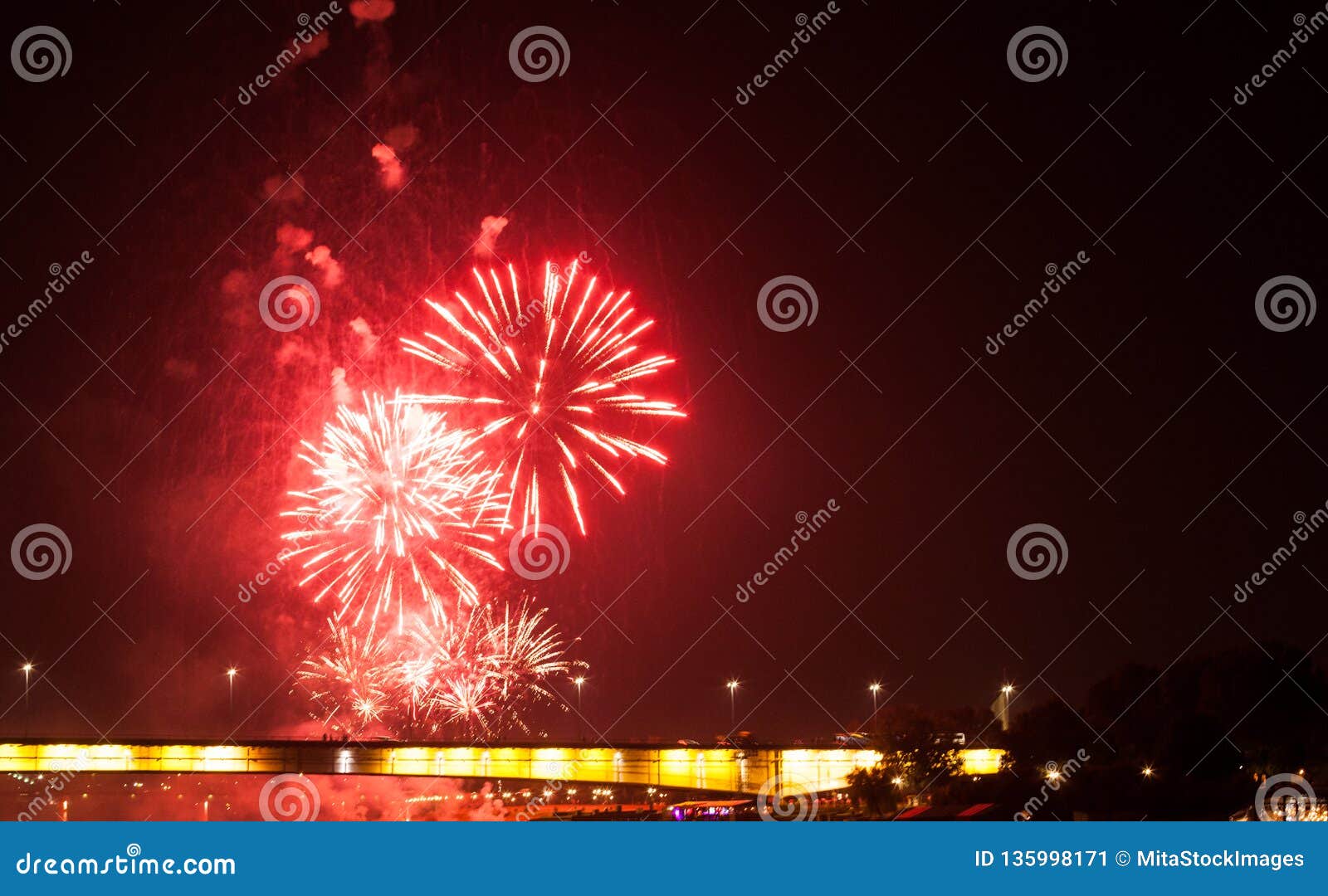 Fireworks over bridge stock image. Image of night, exploding - 135998171