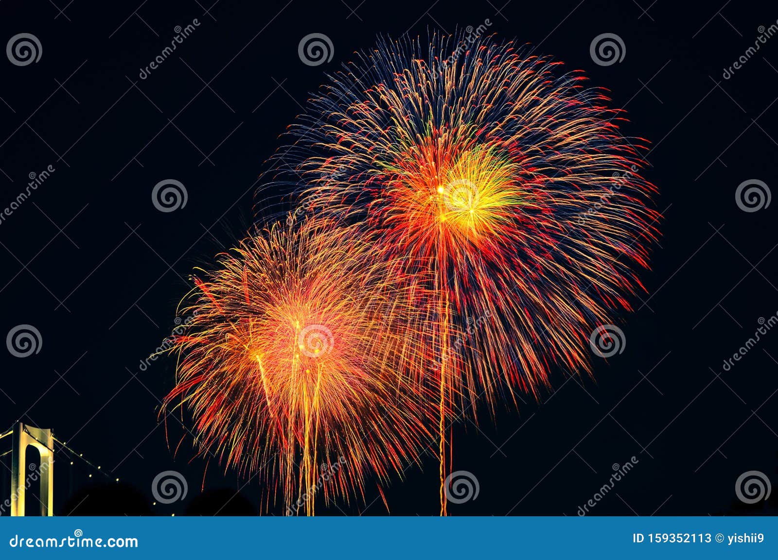 Fireworks Over the Bridge in Night Sky Stock Image - Image of festival ...