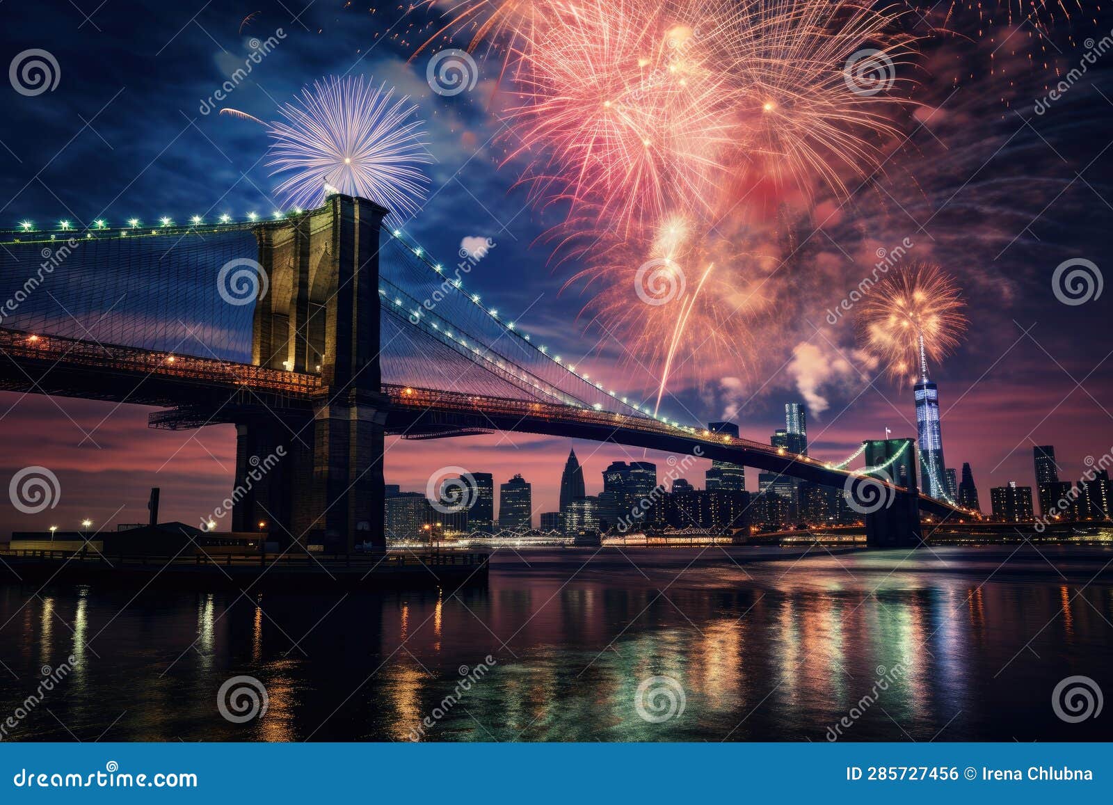 Fireworks Over the Brooklyn Bridge in New York. Generative AI Stock ...