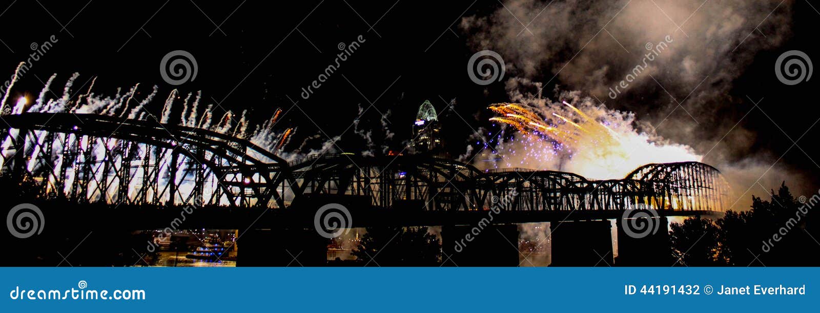 Fireworks Over the Cincinnati Skyline and Railway Bridge Stock Photo ...