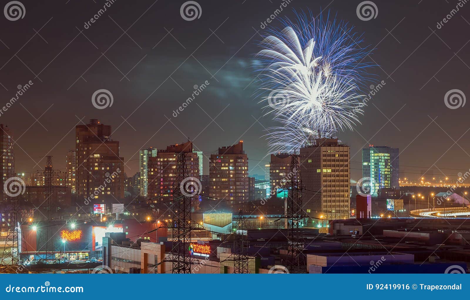 Fireworks over the city stock photo. Image of khimki - 92419916