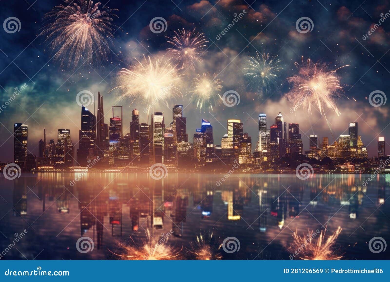 Fireworks over the city stock illustration. Illustration of display ...