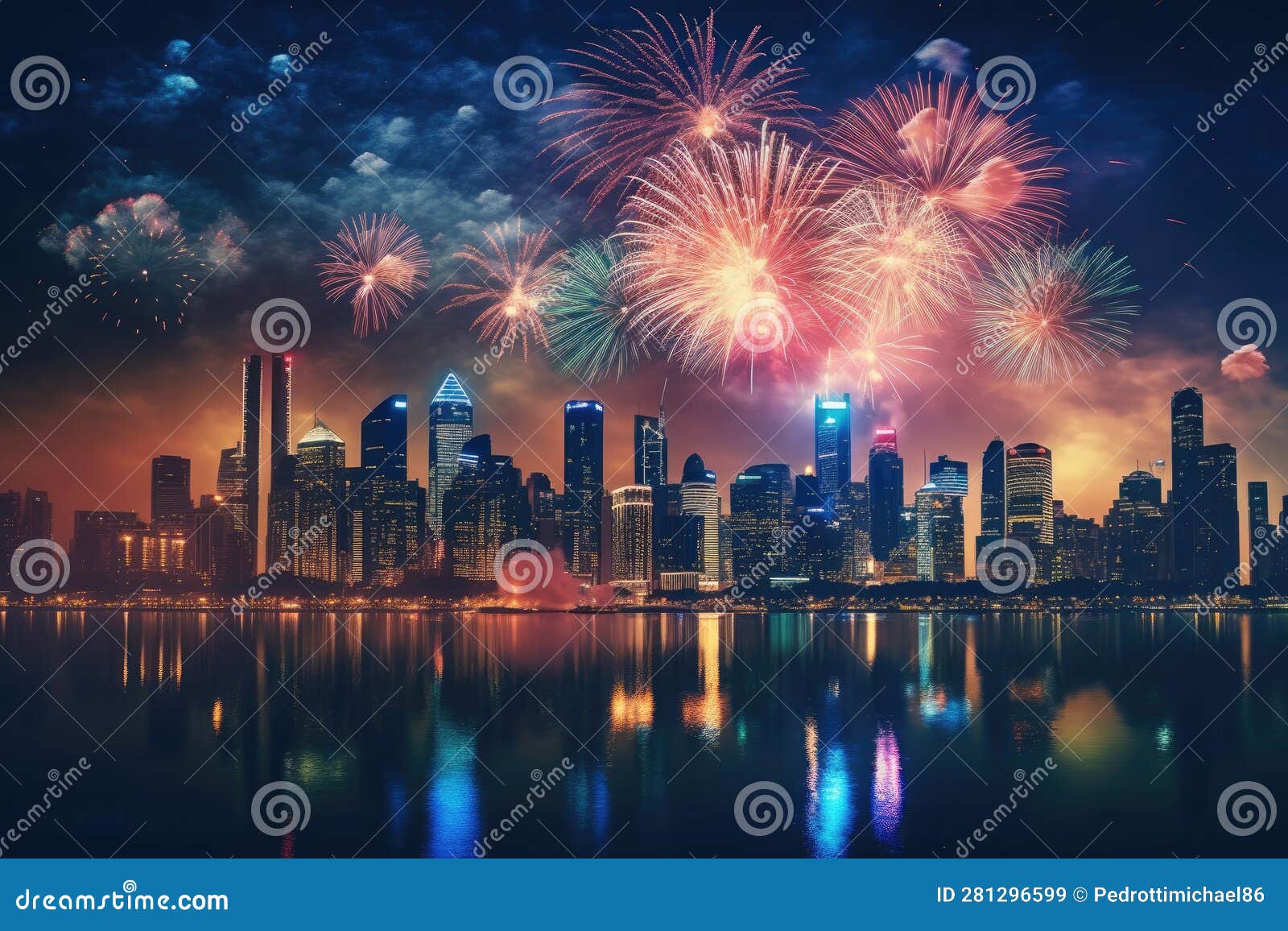Fireworks over the city stock illustration. Illustration of ...