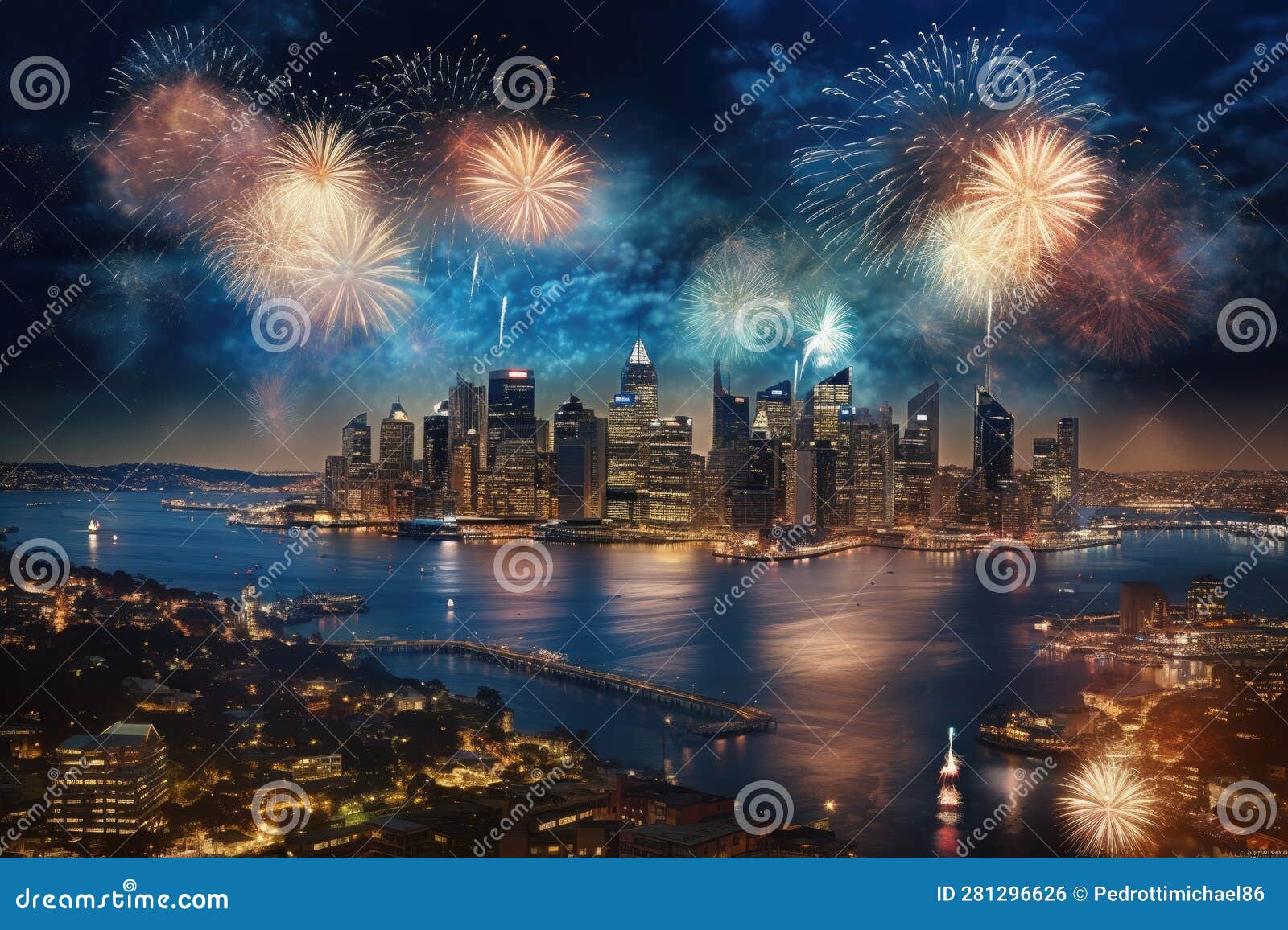 Fireworks over the city stock illustration. Illustration of celetrate ...