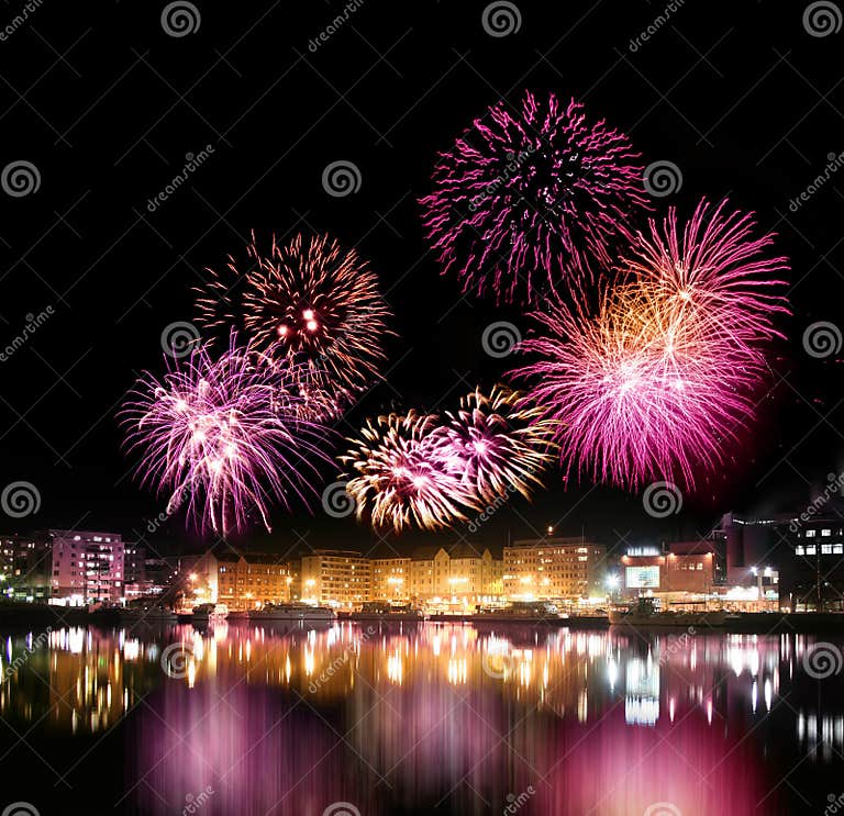 Fireworks Over City by the Water Stock Photo - Image of magic, dark ...