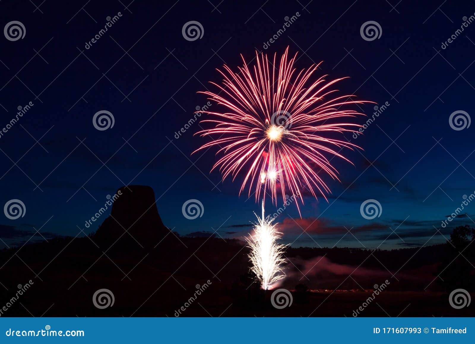 Fireworks Over Devil`s Tower Stock Image - Image of rock, lights: 171607993